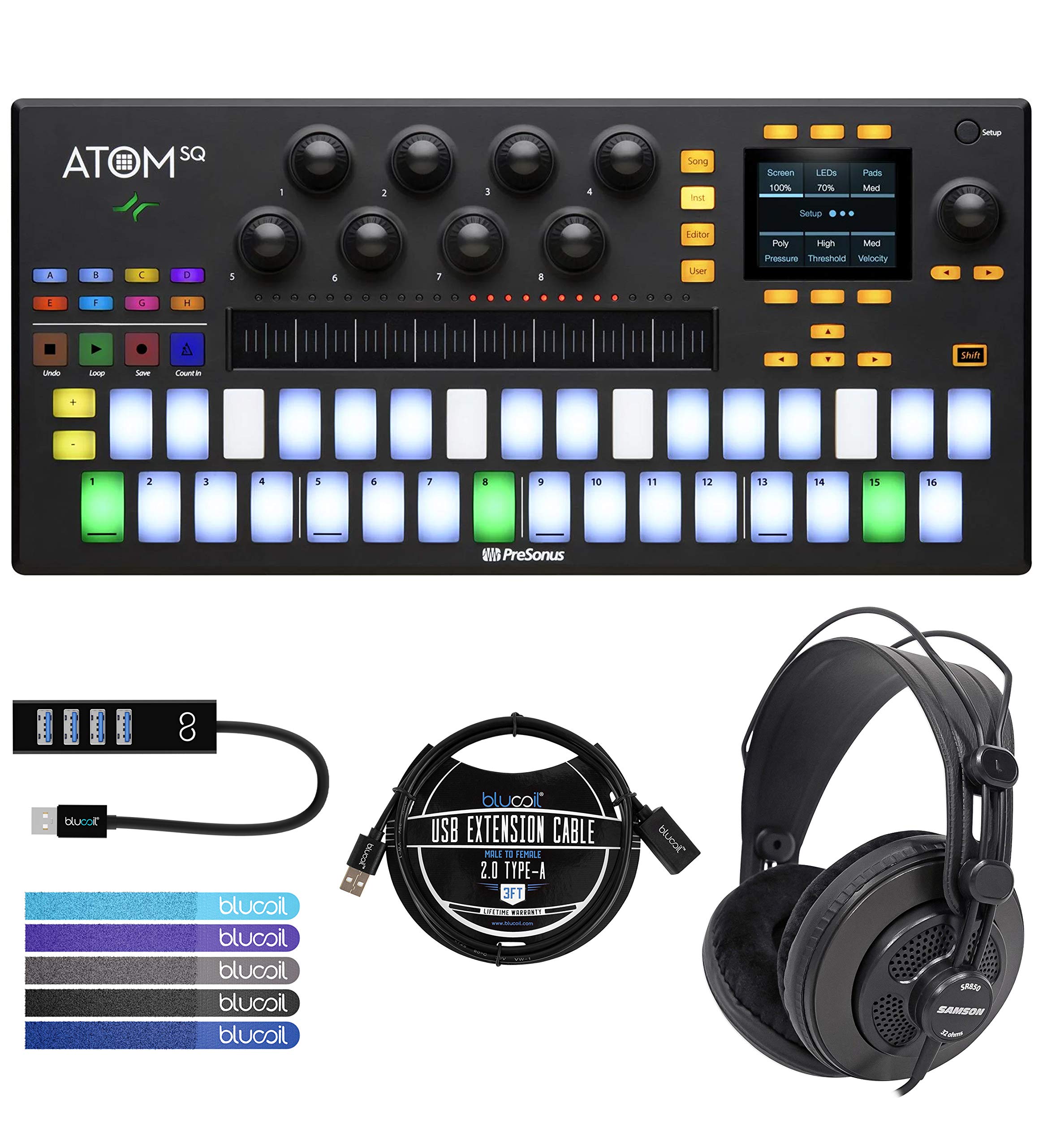PreSonus ATOM SQ Hybrid MIDI Keyboard/Pad Performance and Production Controller Bundle with Samson SR850 Semi-Open Studio Headphones, Blucoil USB Hub Type-A, 3' USB Extension Cable, and 5x Cable Ties