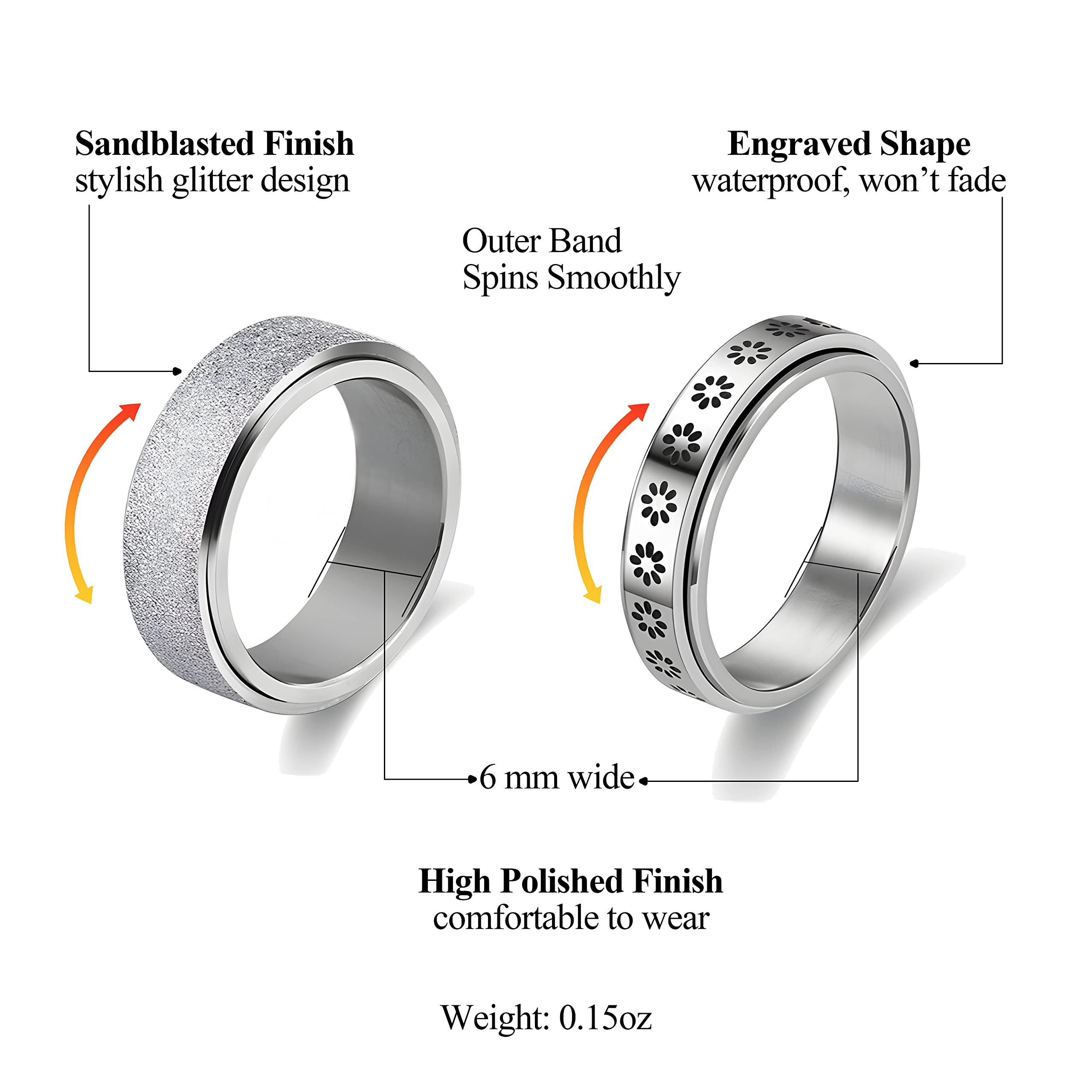 WATAKA 6PCS Spinner Ring for Women Men Anxiety Relief, Stainless Steel Fidget Ring for Stress Relief, Wedding Promise Band Ring Set