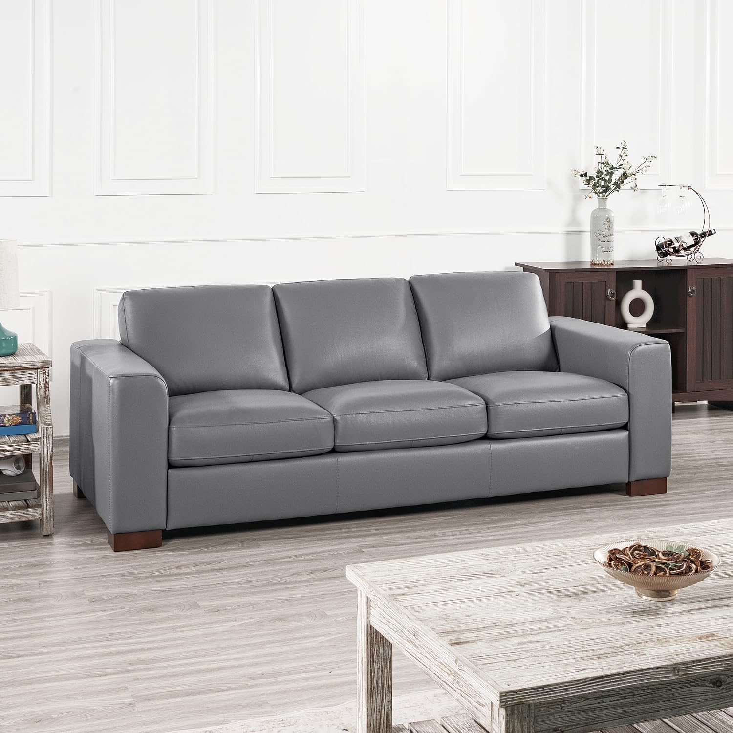 Naomi Home Freya Oversized Genuine Leather Sofa - Ultimate Comfort - Modern Leather Couch - Mid-Century Living Room Sofa, Eco-Friendly Sofa Couch, Reversible Cushions, Gray