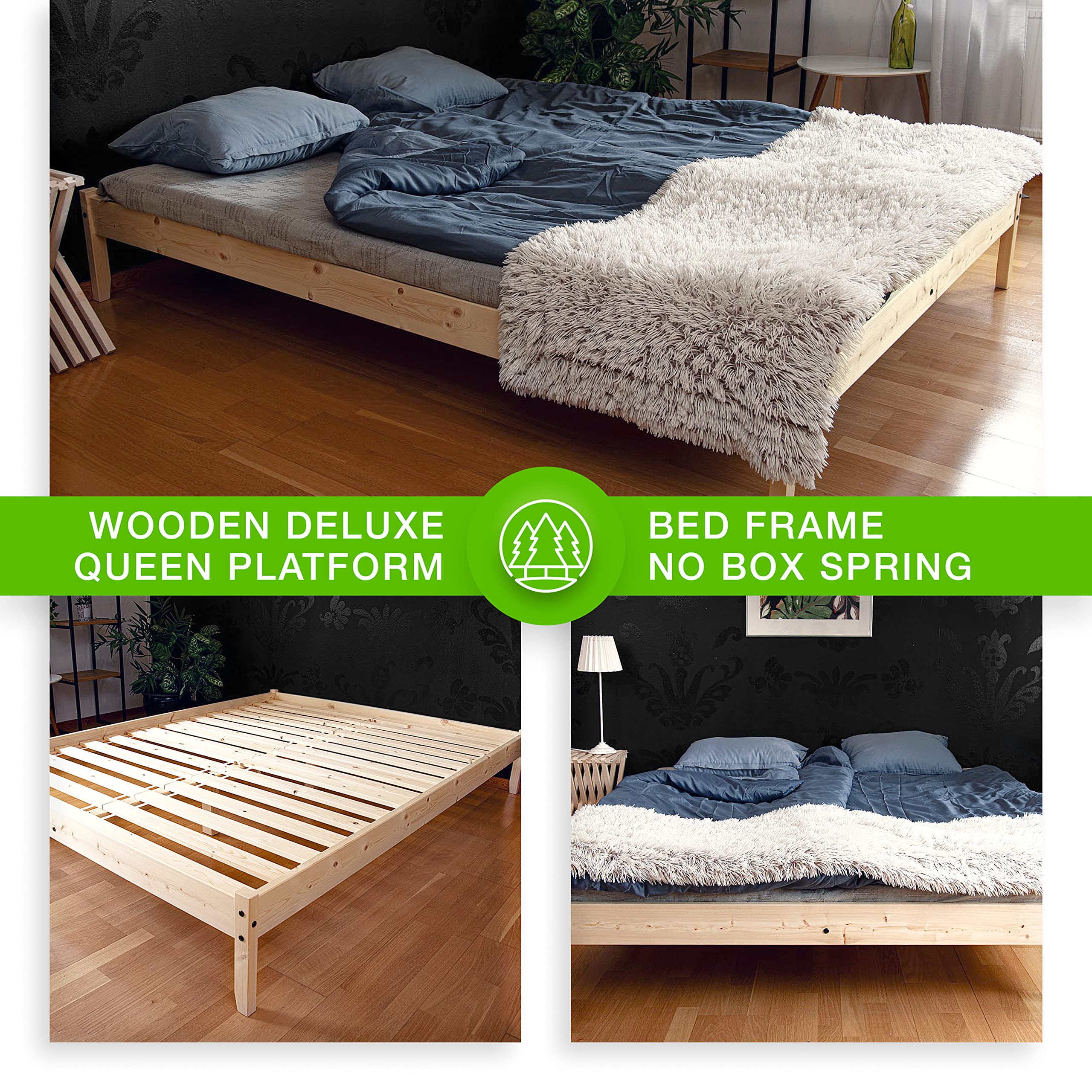 Queen Size Natural Solid Wood Platform Bed Frame Without Headboard β Foundation Bedframe | Easy Assembly Wooden Slats | No Box Spring Needed | Rustic Pine 60 x 80 β Springfield Collection