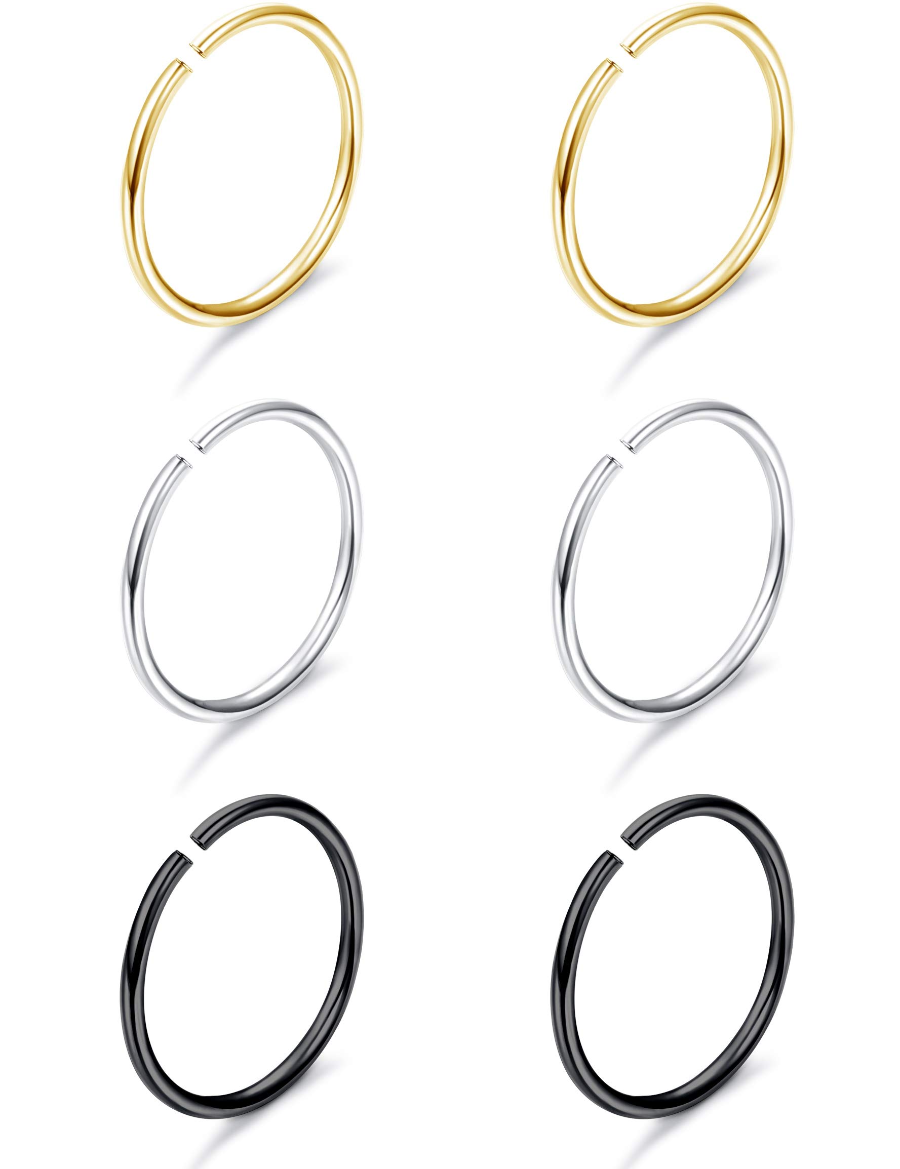 Sllaiss 6Pcs Sterling Silver 22G Nose Ring Hoop 8MM Cartilage Earrings 14K White Gold Black Plated Labret Conch Piercing Jewelry