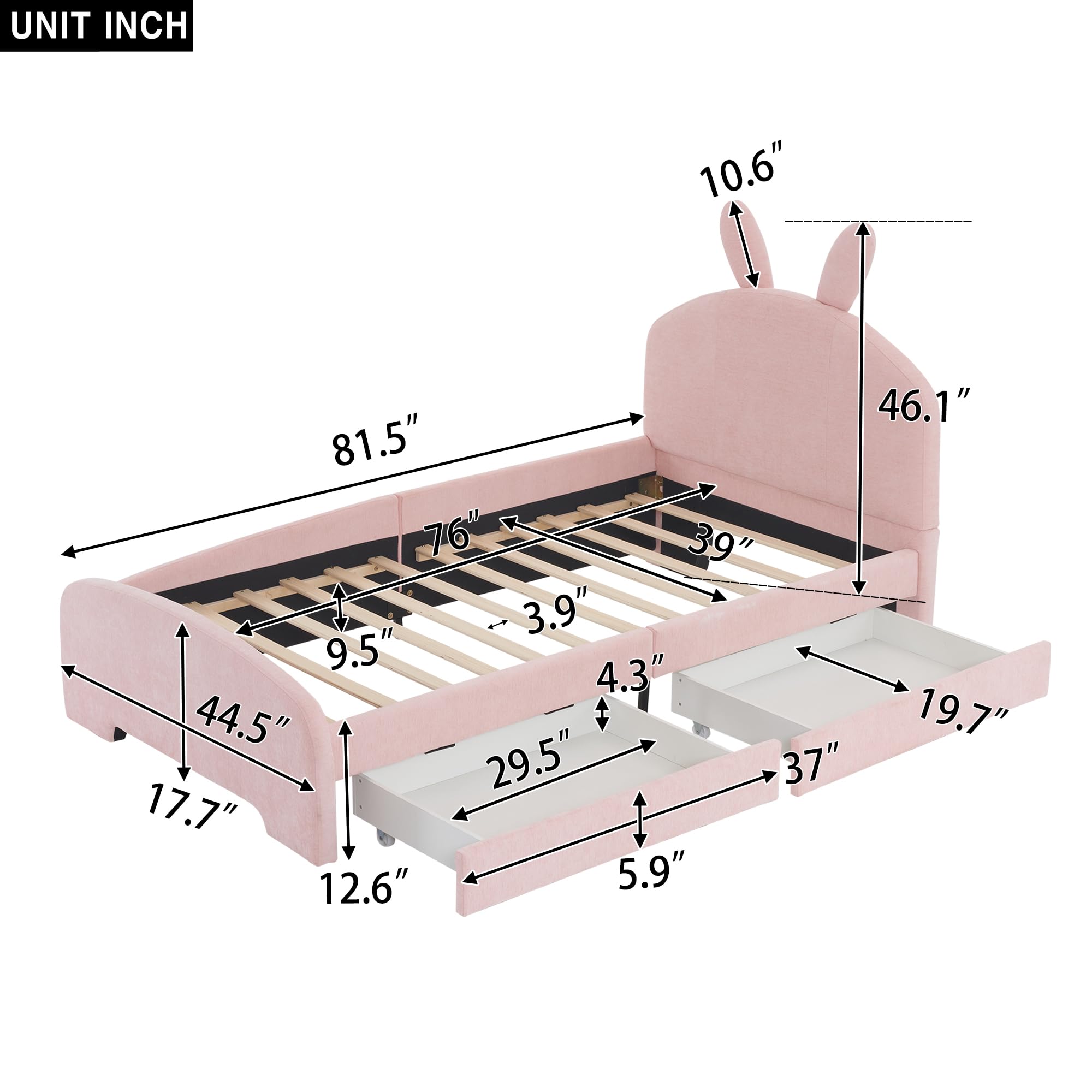PRNDOLE Twin Size Upholstered Platform Bed Frame with 2 Drawers and Cartoon Ears Shaped Headboard for Kids,Pink