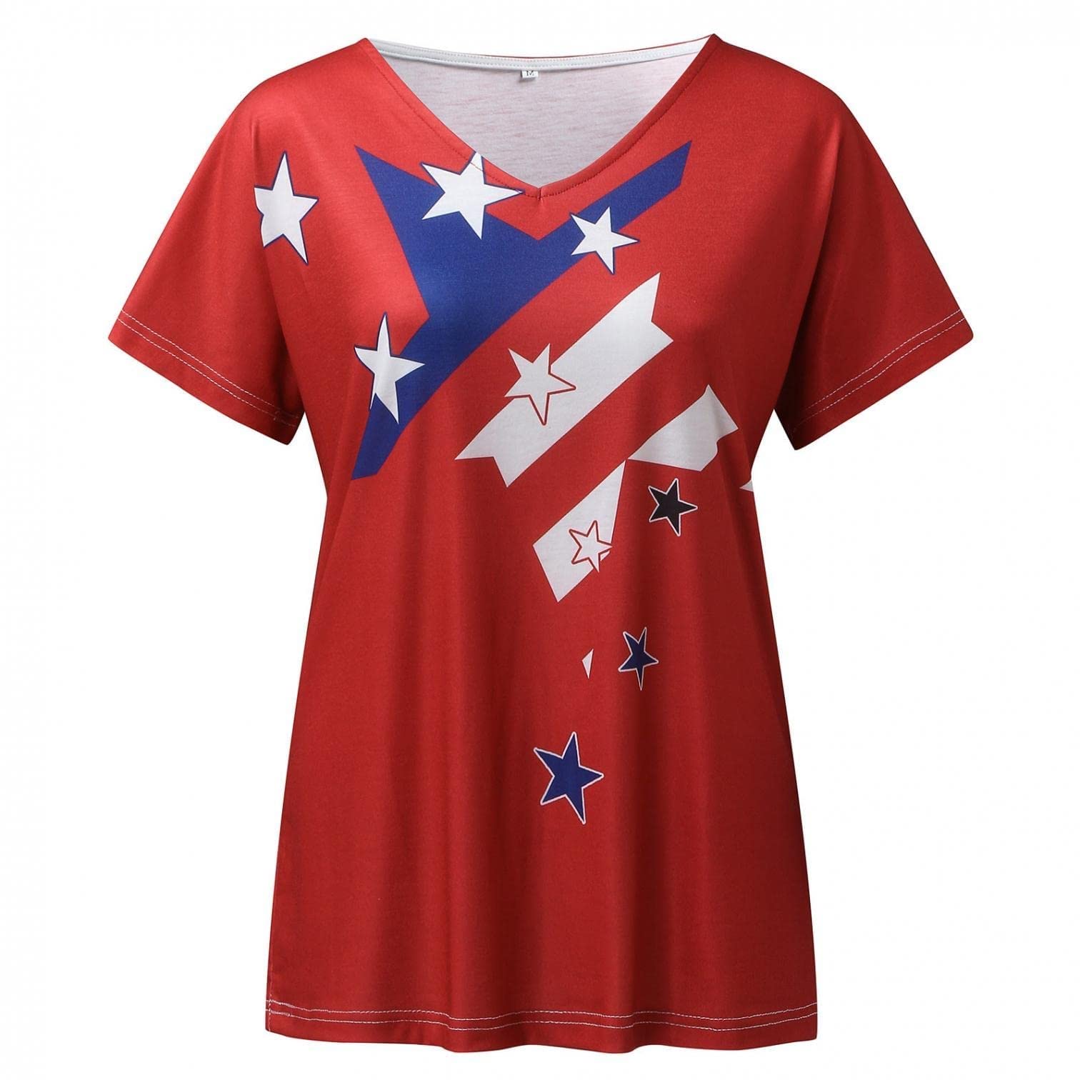 Women's Summer Tops American Flag Print Tunic Short Sleeve V Neck Independence Day Tees Slim Casual Blouses Red X-Large