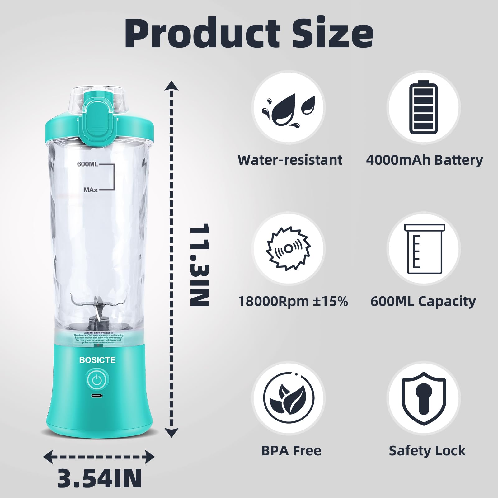 Portable Blender, BOSICTE Personal Size Blender for Shakes and Smoothies with 6 Blades, 20 Oz Mini Blender Cup USB Rechargeable for Office, Gym, Kitchen (Green), B-A9