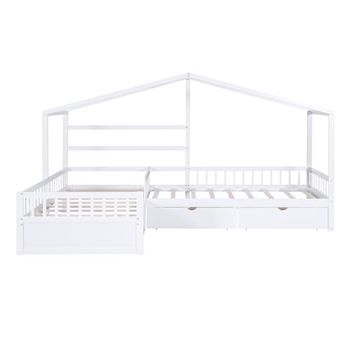 PRNDOLE Twin Size House Platform Bed with 3 Storage Drawers,L Shape Platform Beds for Children,White