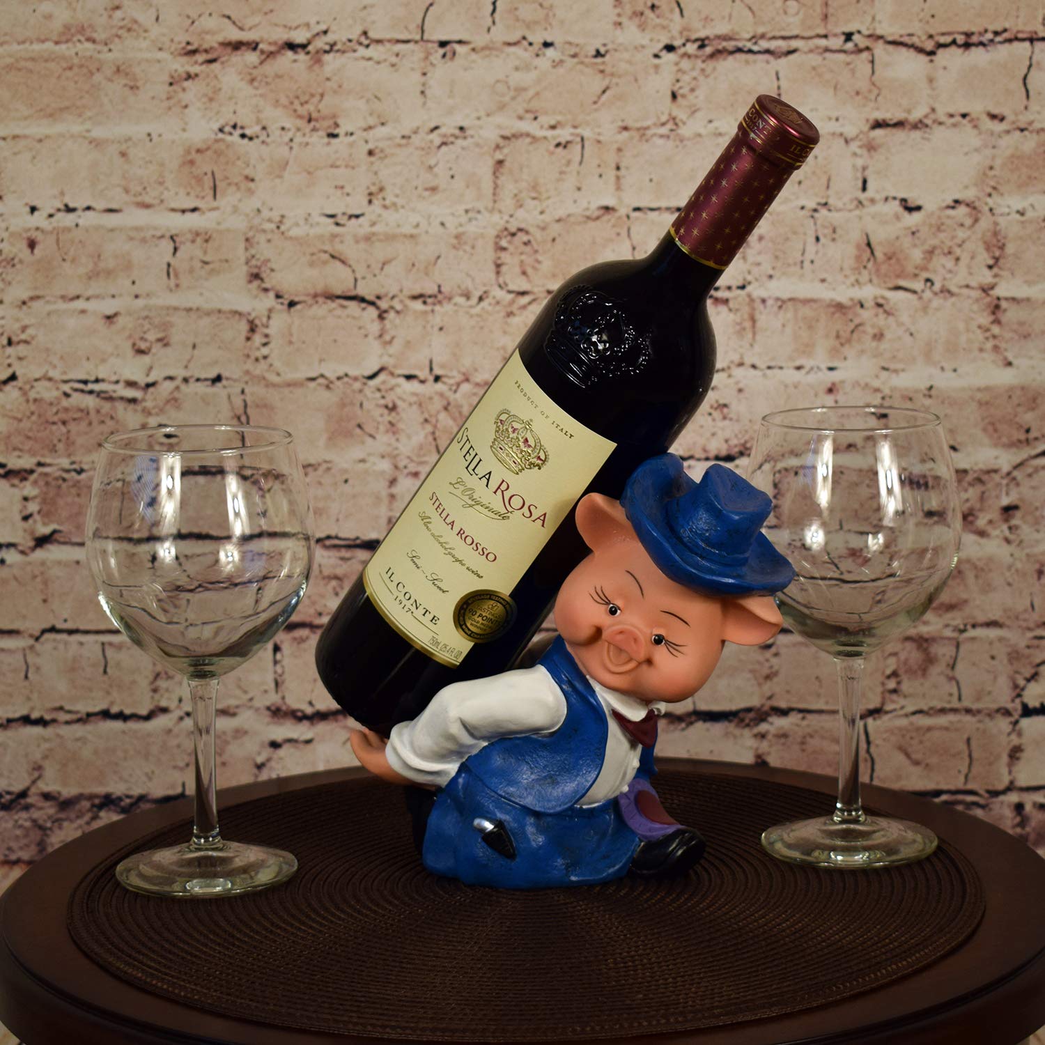 VadiDra Pig Figurine Wine and Liquor Bottle Holder | Home and Kitchen Decor for Wine Lovers | Table Top Country Farmer Bar Stand | Fun Pig Countertop Wine Rack Accessories (Blue - M)
