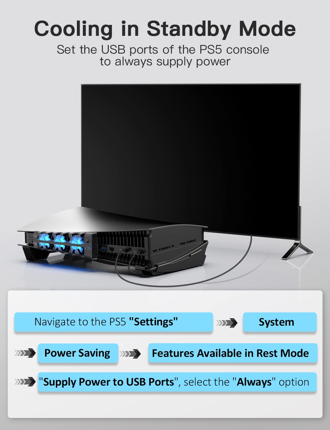 NexiGo PS5 Horizontal Stand with Slient Cooling Fan, [Auto On/Off], [Minimalist Design], Compatible with Playstation 5 Disc & Digital Editions, Built-in LED Light, Extra USB Port, Black