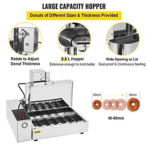 VEVOR 110V Commercial Automatic Donut Making Machine, 6 Rows Auto Doughnut Maker 9.5L Hopper, Intelligent Control Panel, Adjustable Thickness Donuts Fryer, 304 Stainless Steel