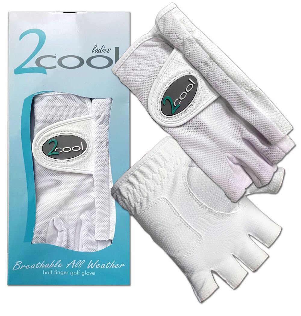 Quality Sports 2 Cool Half Finger Golf Glove (White, Right, Large, Ladies)