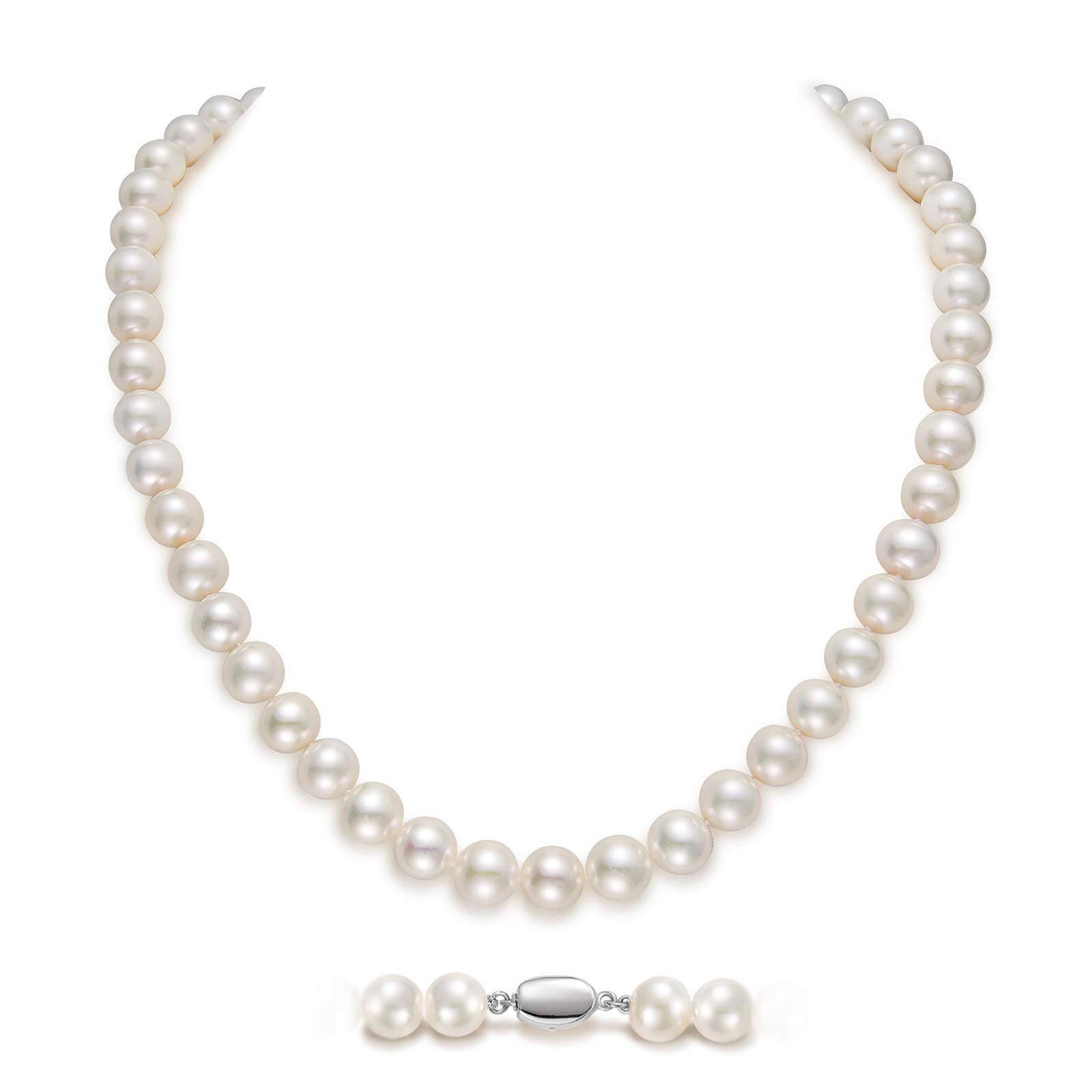 SWEETV 8.0-8.5mm Pearl Necklace for Women Round White Pearl Strand Necklaces in 18" Princess Length Sterling Silver Pearl Necklace for Anniversary Mother's Day