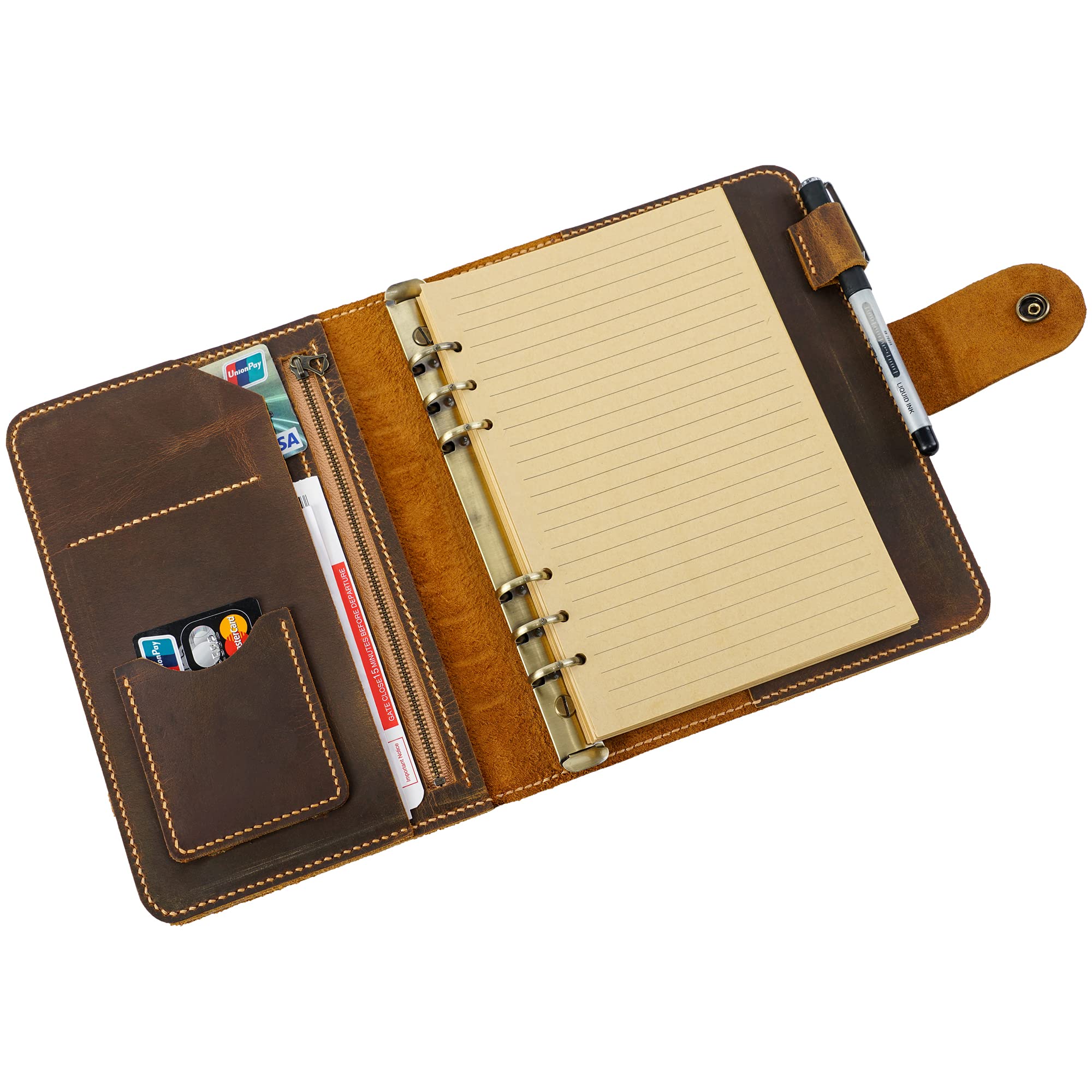 Turbosnail Personalized Size A5 6 Ring Leather Refillable Planner Binder, Travelers Journal, Sketchbook, Distressed Leather, Travel Journal For Men Women (Lined Paper 160 Pages), Customized Gift