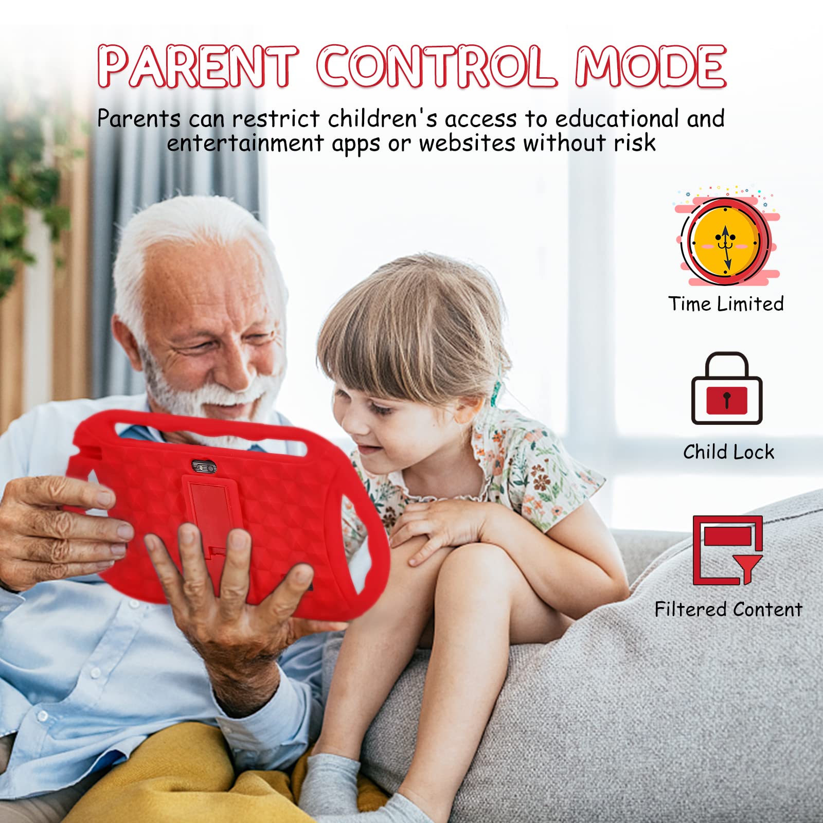 Veidoo Tablet for Kids, 7 inch Android Toddler Tablet, 32GB Storage, WiFi Dual Camera, Kids Content Google Plays, Parental Control, Kid-Proof Case (Red)