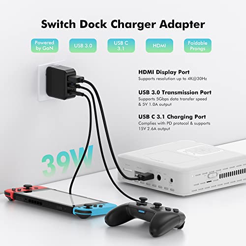 Switch Dock Charger Adapter for Switch OLED, 3 in 1 Switch Charger for TV, Switch TV Dock with USB 3.0 Port, Covert Dock Switch for Android Smartphone Tablet, 1.2M Power Cord