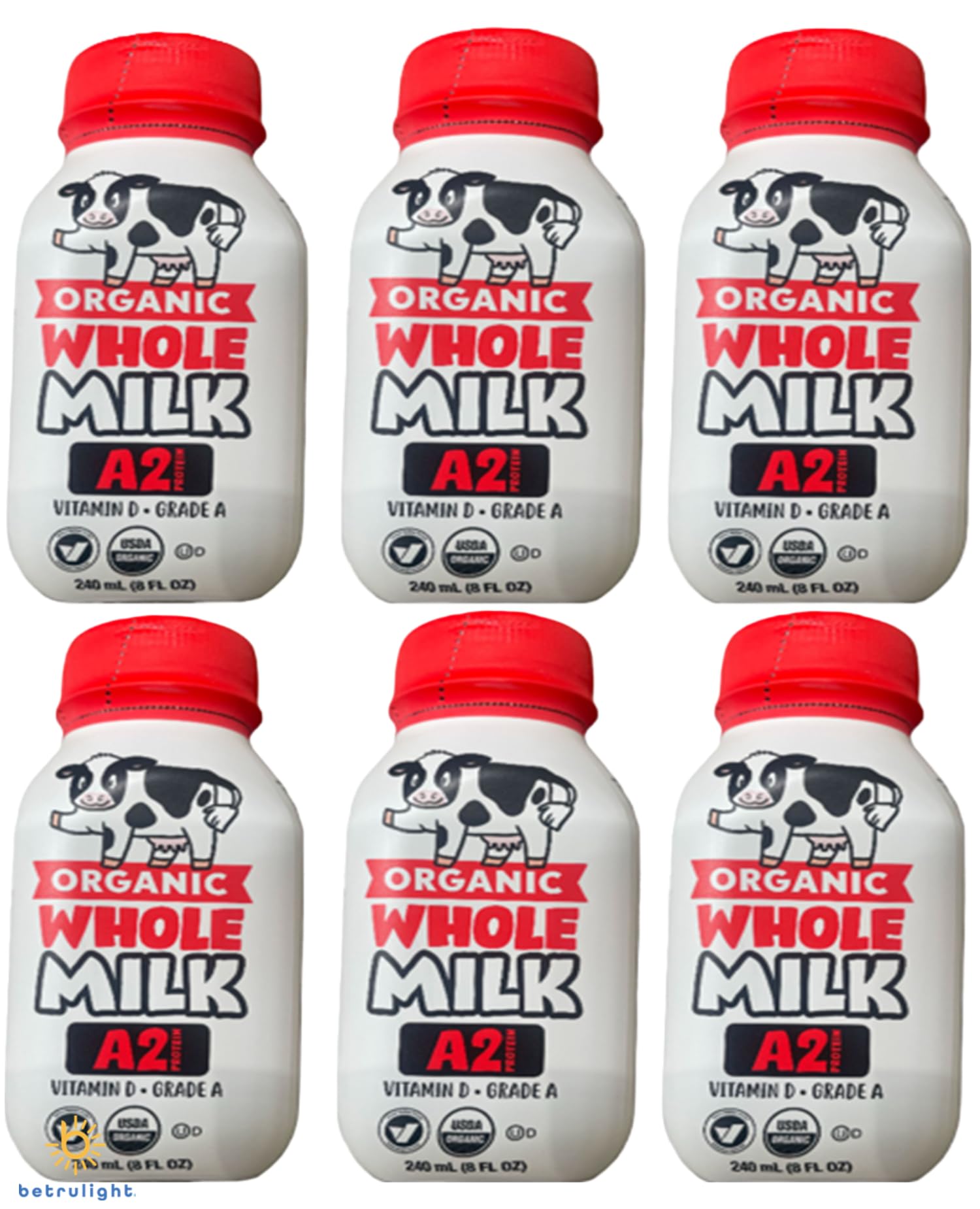 Milk A2 Whole Milk Organic Shelf Stable Whole Milk Bottle, Grass Fed Milk has Vitamin D & A2 Protein, Plus BETRULIGHT Fridge Decal - Single Serve, 8.0 Fl oz (Pack of 6)