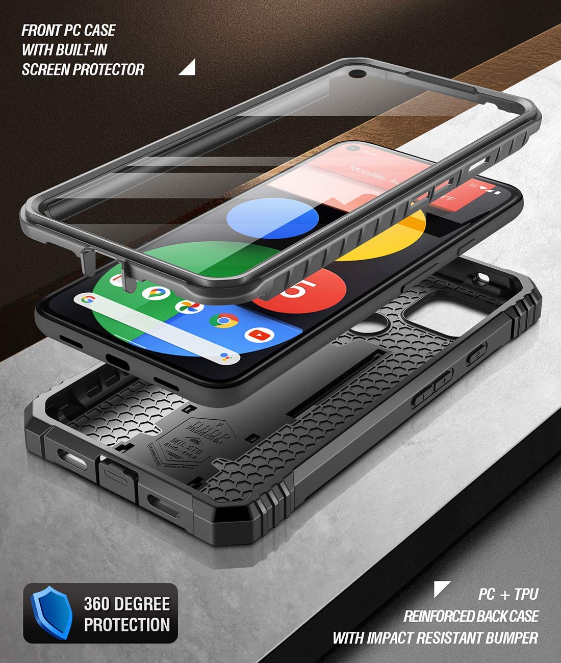 Poetic Revolution Series for Google Pixel 5 Case, Full-Body Rugged Dual-Layer Shockproof Protective Cover with Kickstand and Built-in-Screen Protector, Black