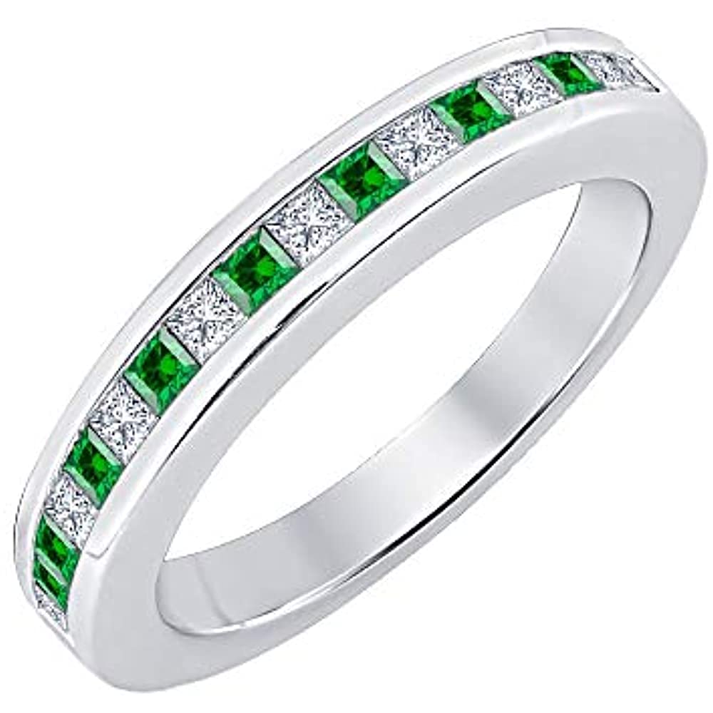 Skylark Half Eternity Band Wedding Engagement Ring Princess Cut Square Invisible Created-Green Emerald Channel Set 14K White Gold Over For Women's
