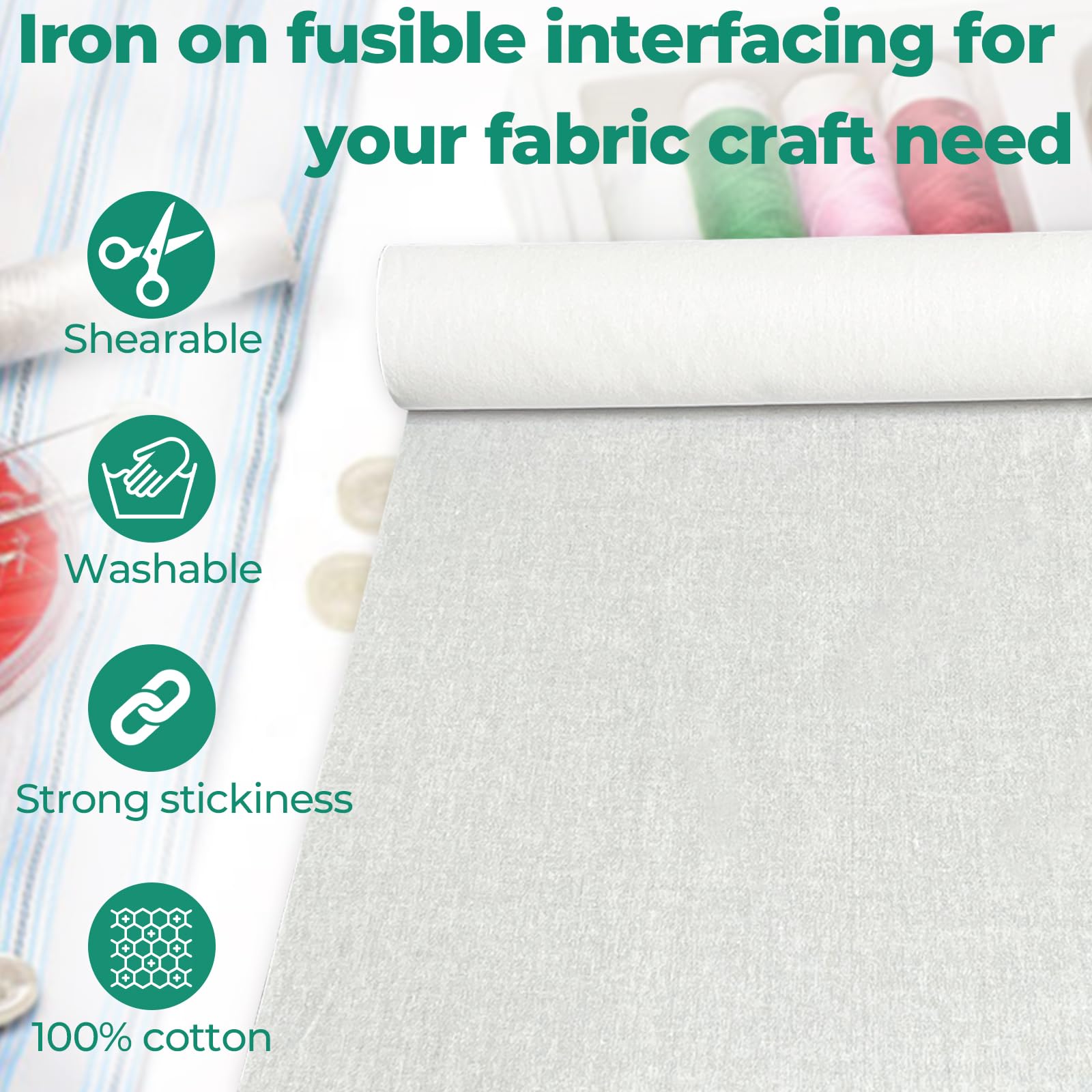 PLANTIONAL Woven Cotton Iron-On Fusible Interfacing, 16.1 inch X 10 Yards White Heavy Weight 100% Cotton Single Sided Interfacing Fabric Iron on Interfacing for fabric Sewing and DIY Crafts Supplies