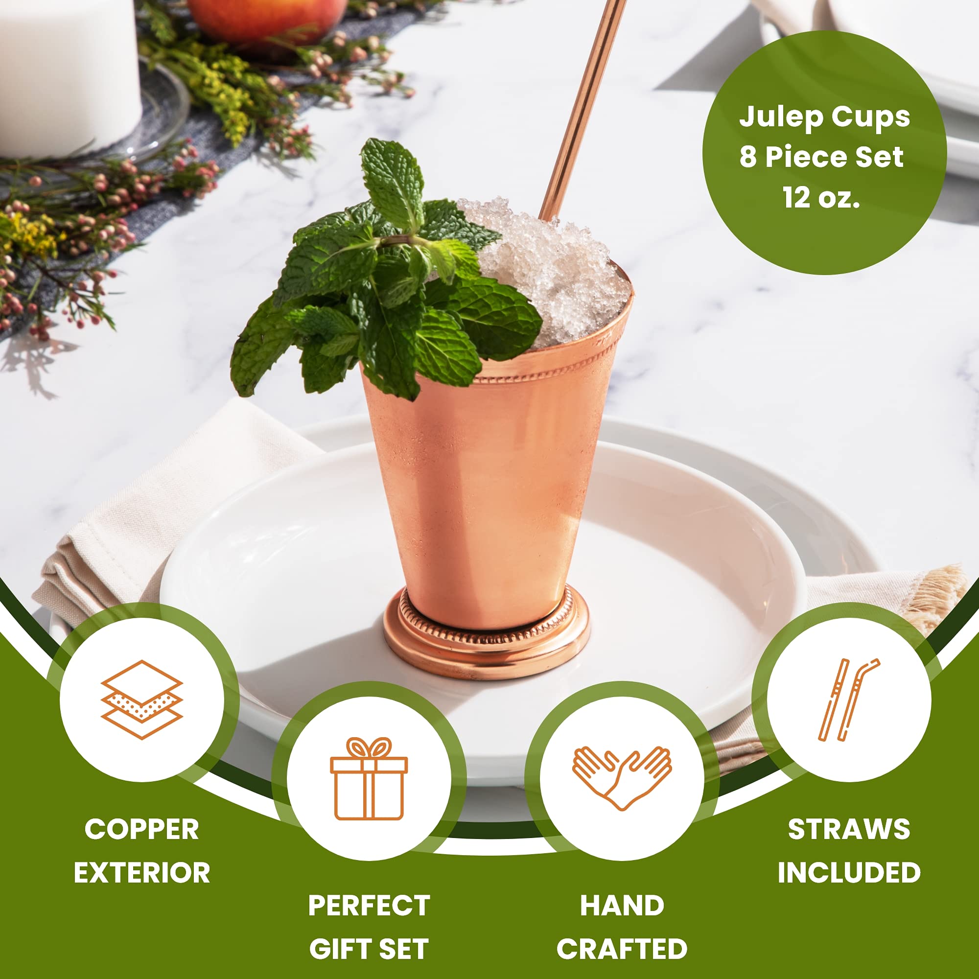 Sol Living Mint Julep Cups Gift Set of 4, 12 oz. Stainless Steel Silver Cups with 4 Drinking Straws Kentucky Derby Cups Premium Handcrafted Barware Set for Cocktails Mixed Drinks