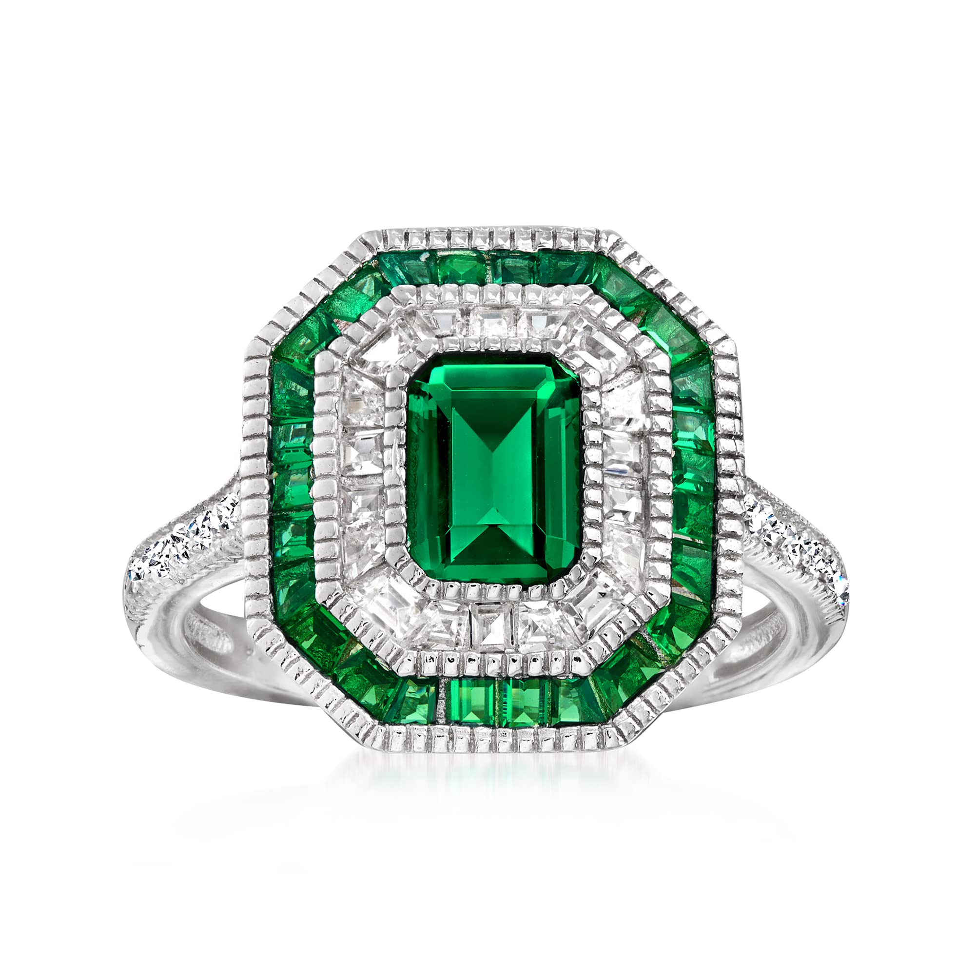 Ross-Simons 2.00 ct. t.w. Simulated Emerald and .77 ct. t.w. CZ Ring in Sterling Silver. Size 8