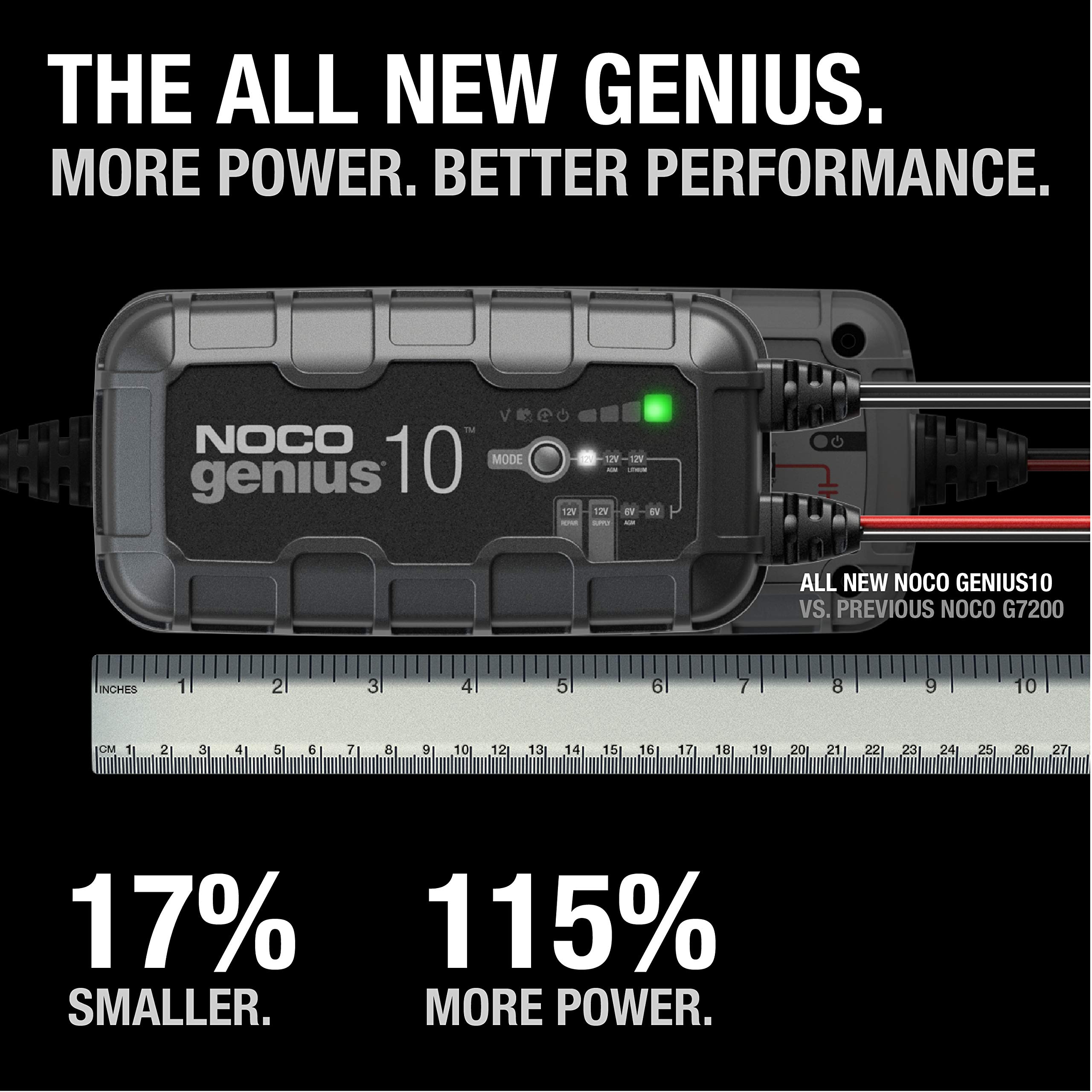 NOCO GENIUS10, 10A Smart Car Battery Charger, 6V and 12V Automotive Charger, Battery Maintainer, Trickle Charger, Float Charger and Desulfator for Motorcycle, ATV, Lithium and Deep Cycle Batteries