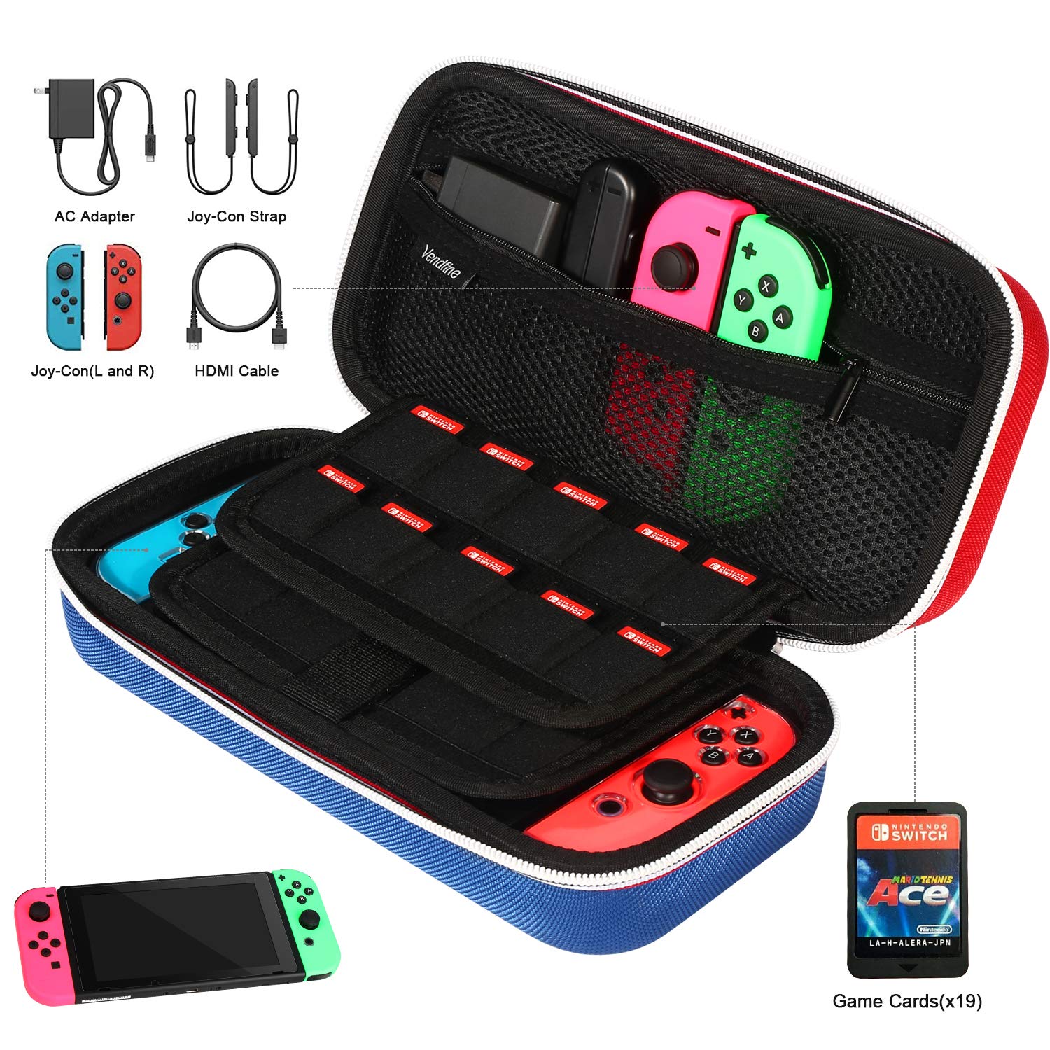 Vendfine Carry Case Compatible with Nintendo Switch - Sturdy Protective Hard Travel Carry Case for Nintendo Switch, Enough space to store Original Charger, extra Joycons & Accessories,Stylish Red/blue