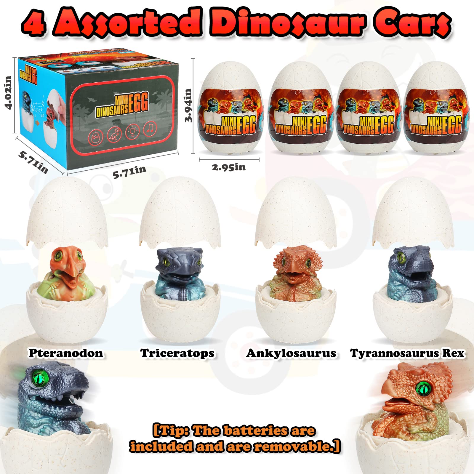 zinat Dinosaur Easter Eggs, 4 Eggs with Dinosaurs Inside, Basket Stuffers, Sound and Light Function - Best Birthday Party Gifts Toys for Kids 3 5 6 7 Year Old