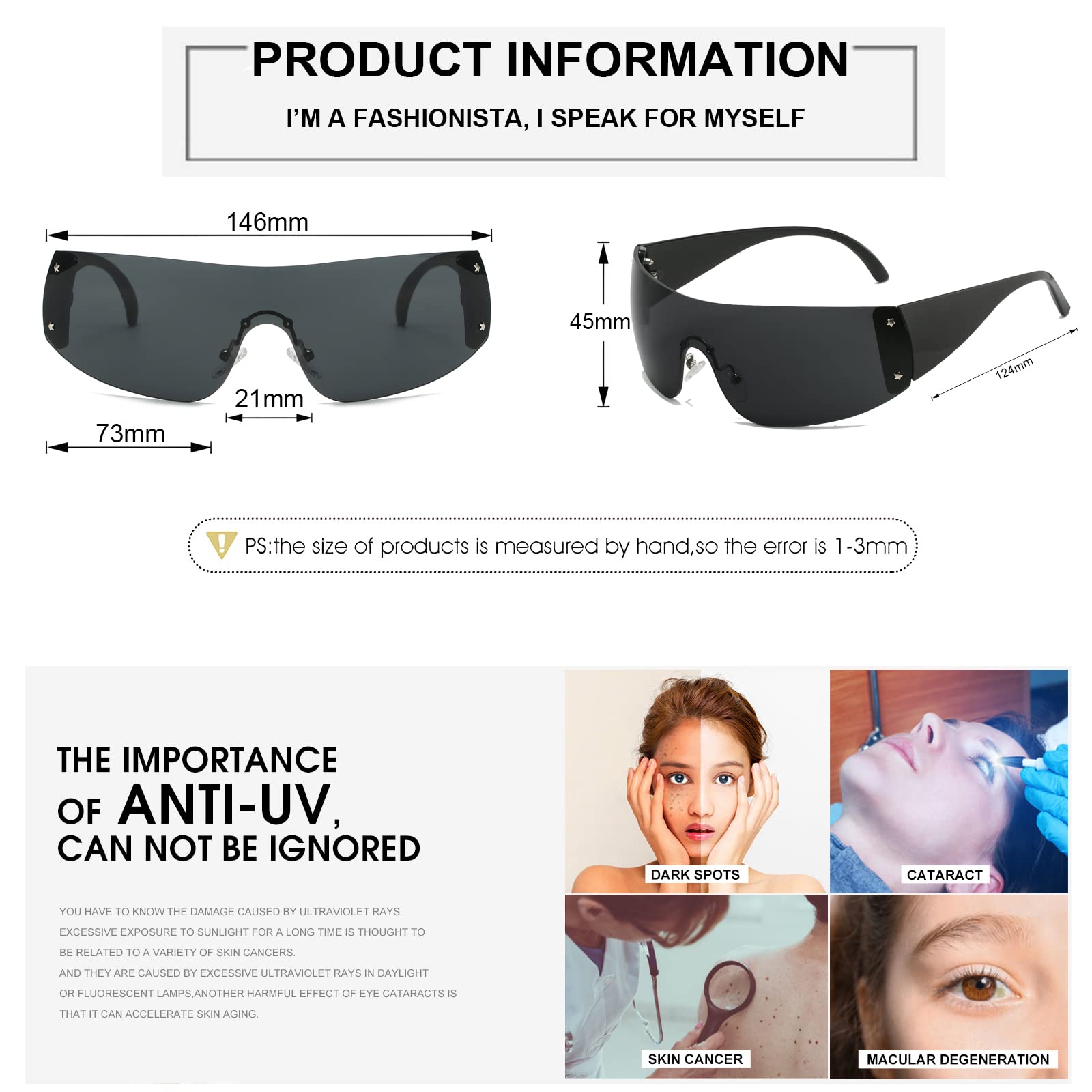 Trendy Rimless Y2K Sunglasses for Women Men,Mirror Shield Wrap Around Sunglasses Oversized Fashion Frameless Sun Glasses (Black/Black)
