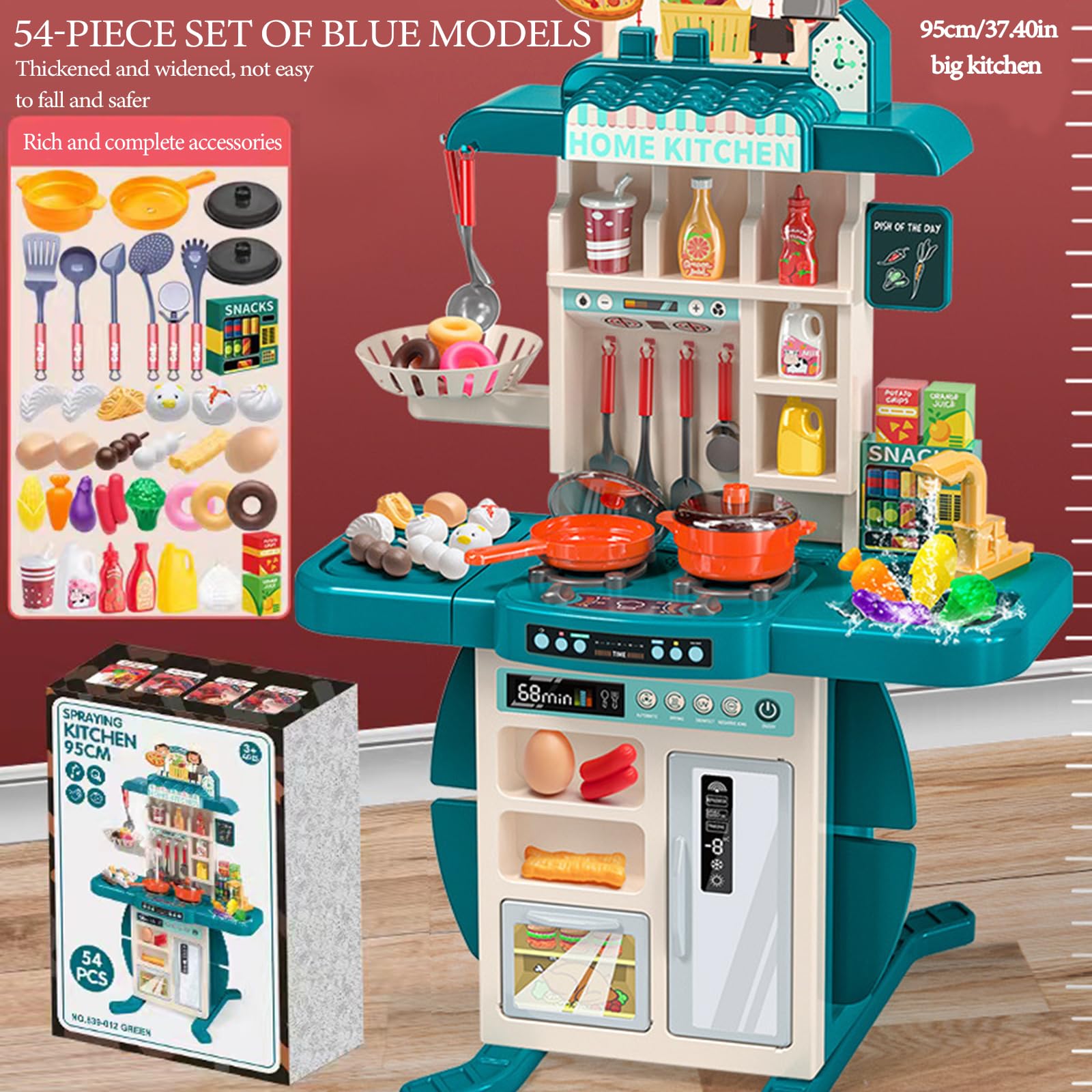 Play Kitchen,Kids Kitchen Play set,equipped with 54 kitchen toy accessories,with lifelike sound and light,pressing water,simulating spray and other functions,for 3-12 years Boys/Girls(Blue)