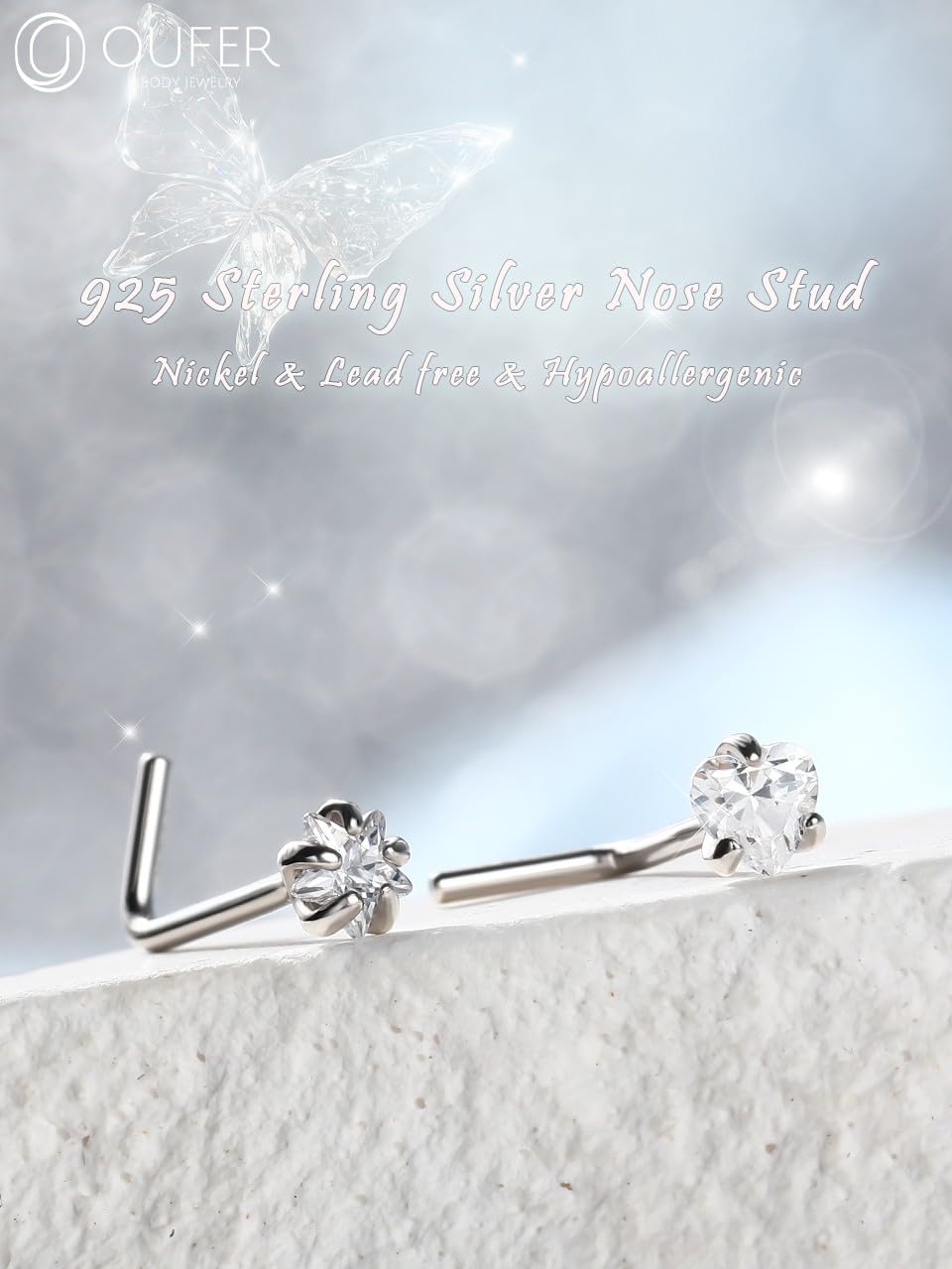 OUFER 925 Sterling Silver Nose Studs, L Shaped Nose Rings Studs, 20G Nostril Solid 3mm Star CZ Nose Piercing Jewelry, Nose Studs For Women Men (L - 3mm Star)