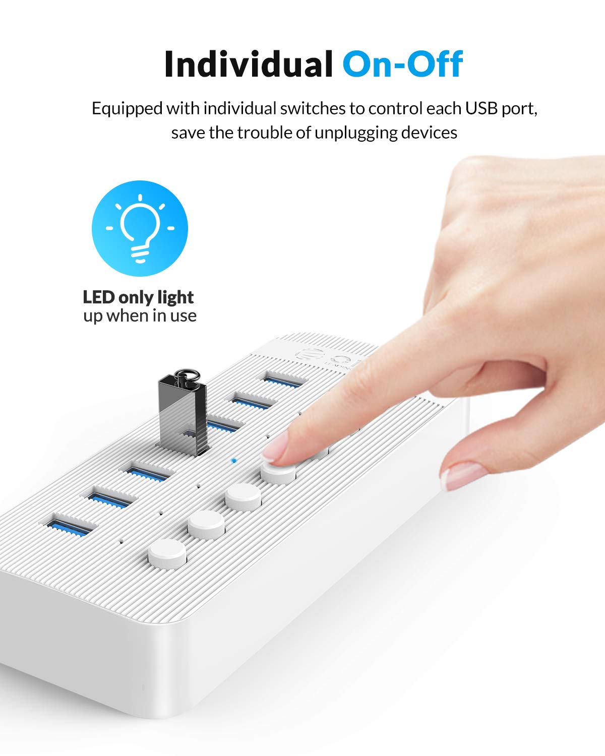 ORICO Powered USB Hub 3.0, 7 Ports USB Charger Hub Splitter with 12V/2A AC Adapter, Individual On/Off Switches for Desktop Computer, PC, iMac, Mobile HDD, Flash Drive