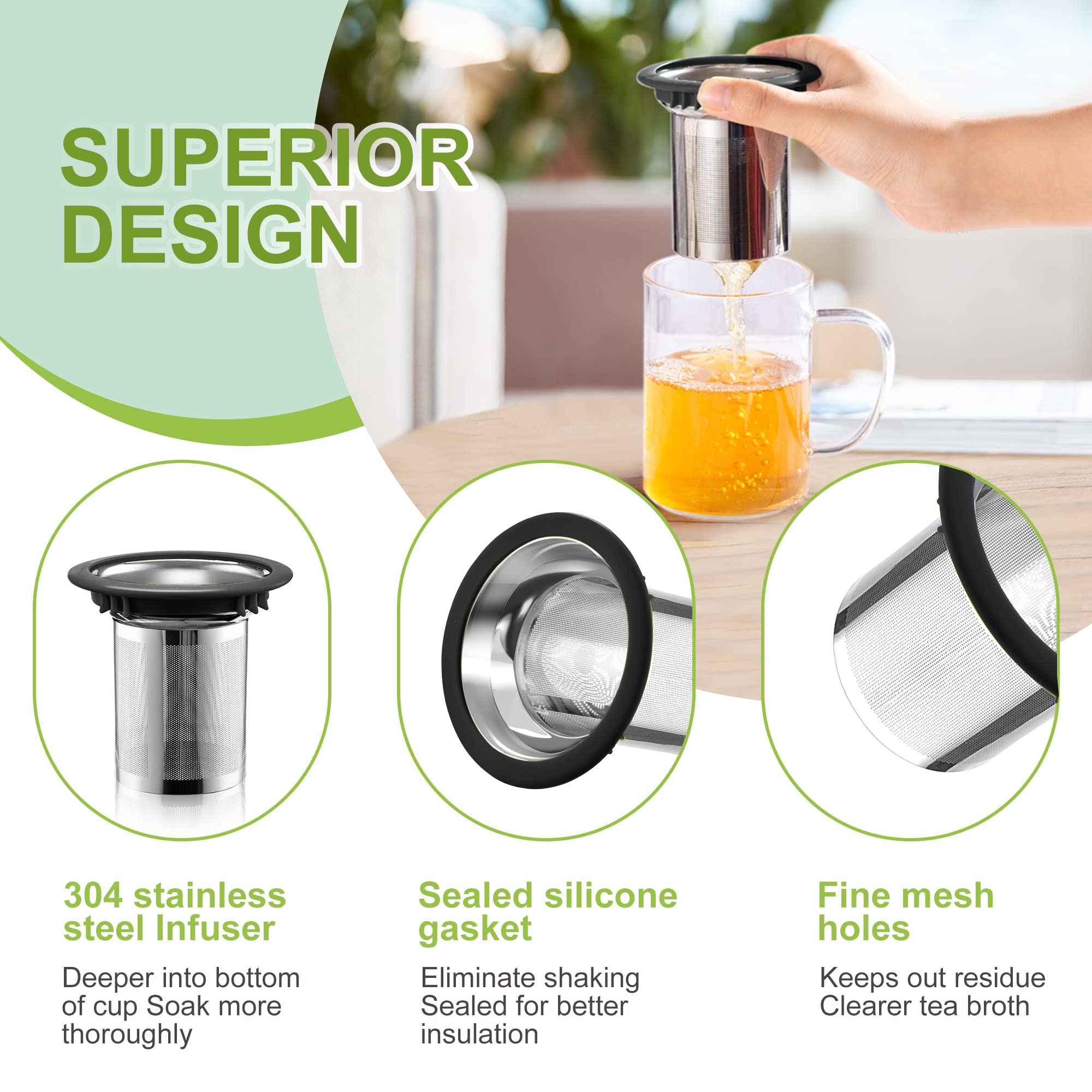 suyika Tomotime Glass Tea Cup with Lid and Stainless Steel Infuser Basket Perfect Clear Tea Mug for Office and Home Uses for Loose Leaf Tea Steeping 13.5 Ounce,400ml, Black
