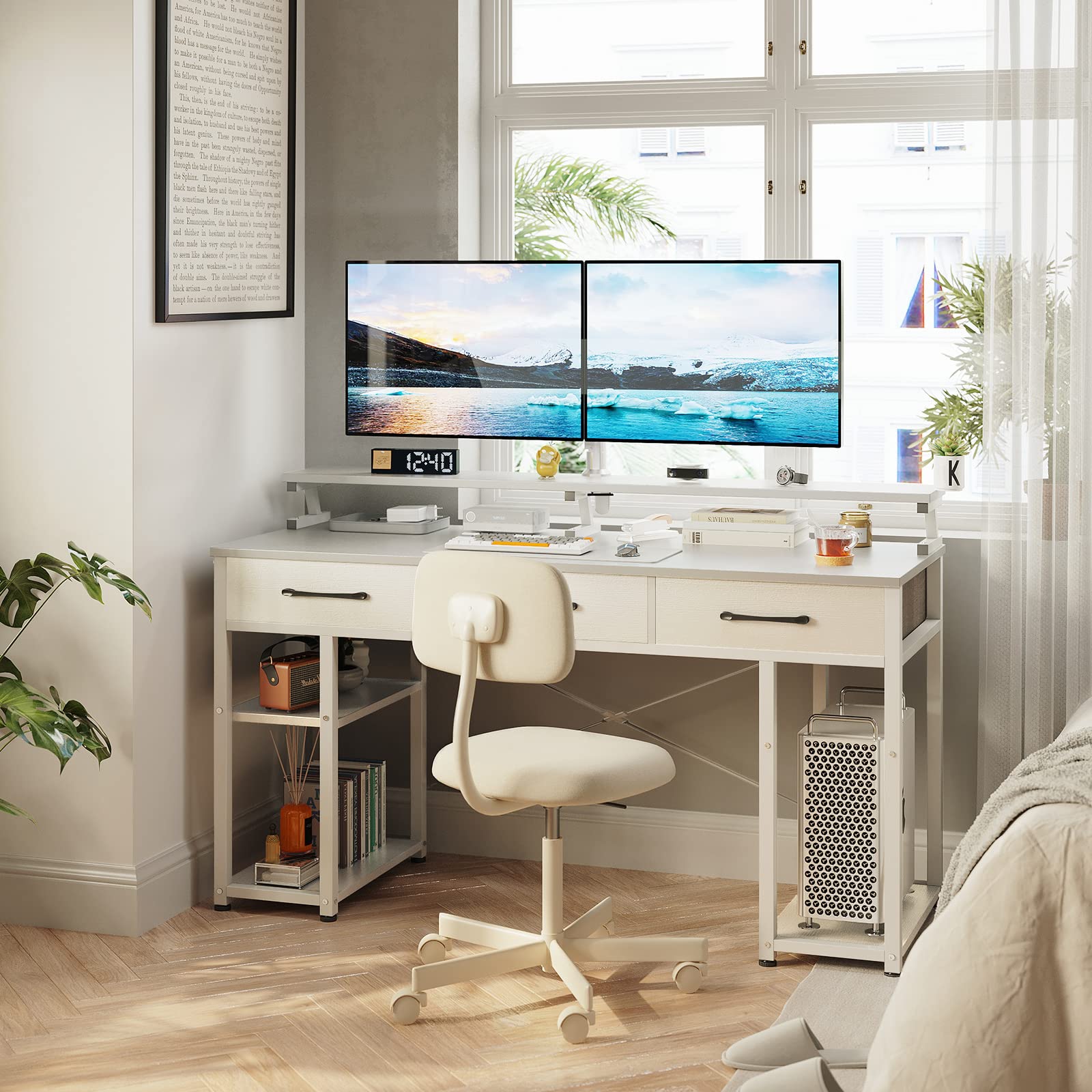 ODK Computer Desk with Drawers and Storage Shelves, 48 inch Home Office Desk with Monitor Stand, Modern Work Study Writing Table Desk for Small Spaces, White