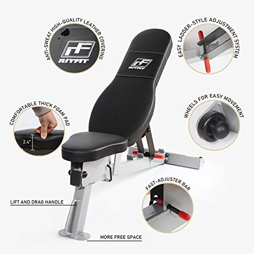 RitFit Adjustable/Foldable Utility Weight Bench for Home Gym, Weightlifting and Strength Training - Bonus Workout Poster with 35 Total Body Exercises(B-Black/Silver)