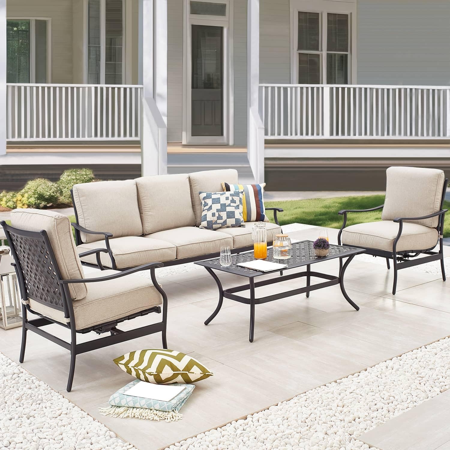 PatioFestival Patio Conversation Set Cushioned Outdoor Furniture Sets with All Weather Frame (4Pcs, Beige)