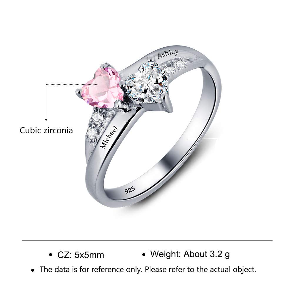 Personalized Promise Rings for Her Mother Rings with 2 Simulated Birthstones Custom Couples Name Ring for Women (silver, 7)