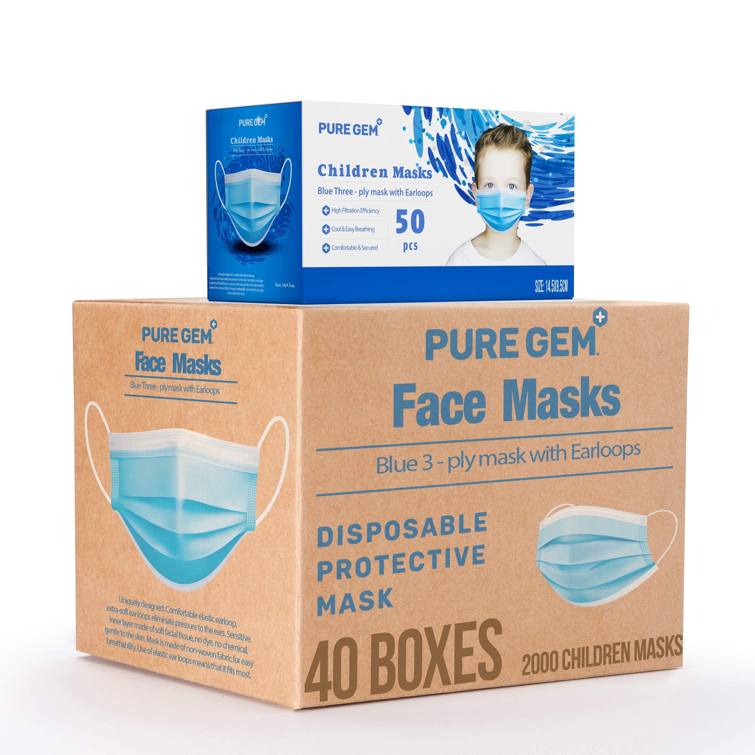 Premium Pack of 2,000 (40 x 50 Masks) Children's Size Single Use Disposable Kids Face Mask, Boys and Girls, Soft on Skin, Bulk Pack 3-Ply Masks | Facial Cover with Elastic Earloops For Childcare,