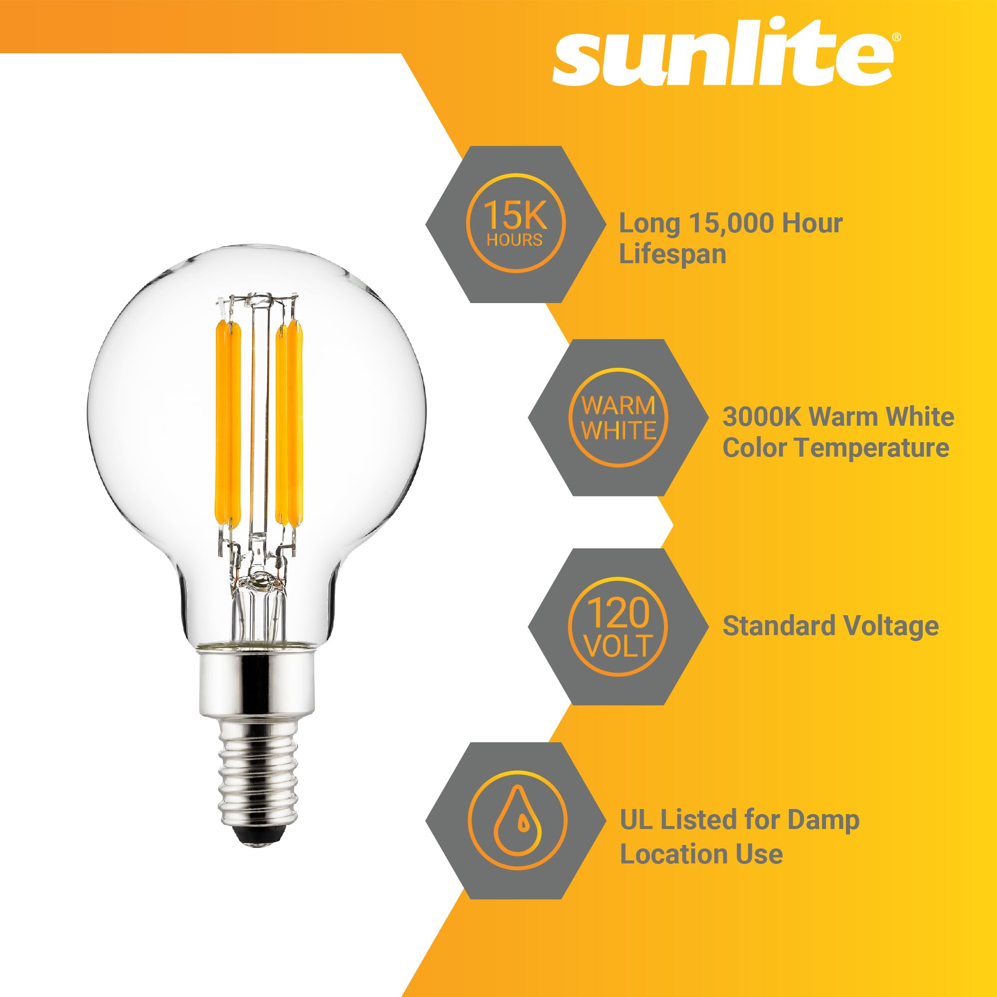 Sunlite 41547-SU LED G16.5 G16 1/2 Filament Style Globe Light Bulb, 5 Watts (60W Equivalent), 500 lumens, Dimmable, Candelabra Base (E12), UL Listed, 3000K Warm White, 6 Count