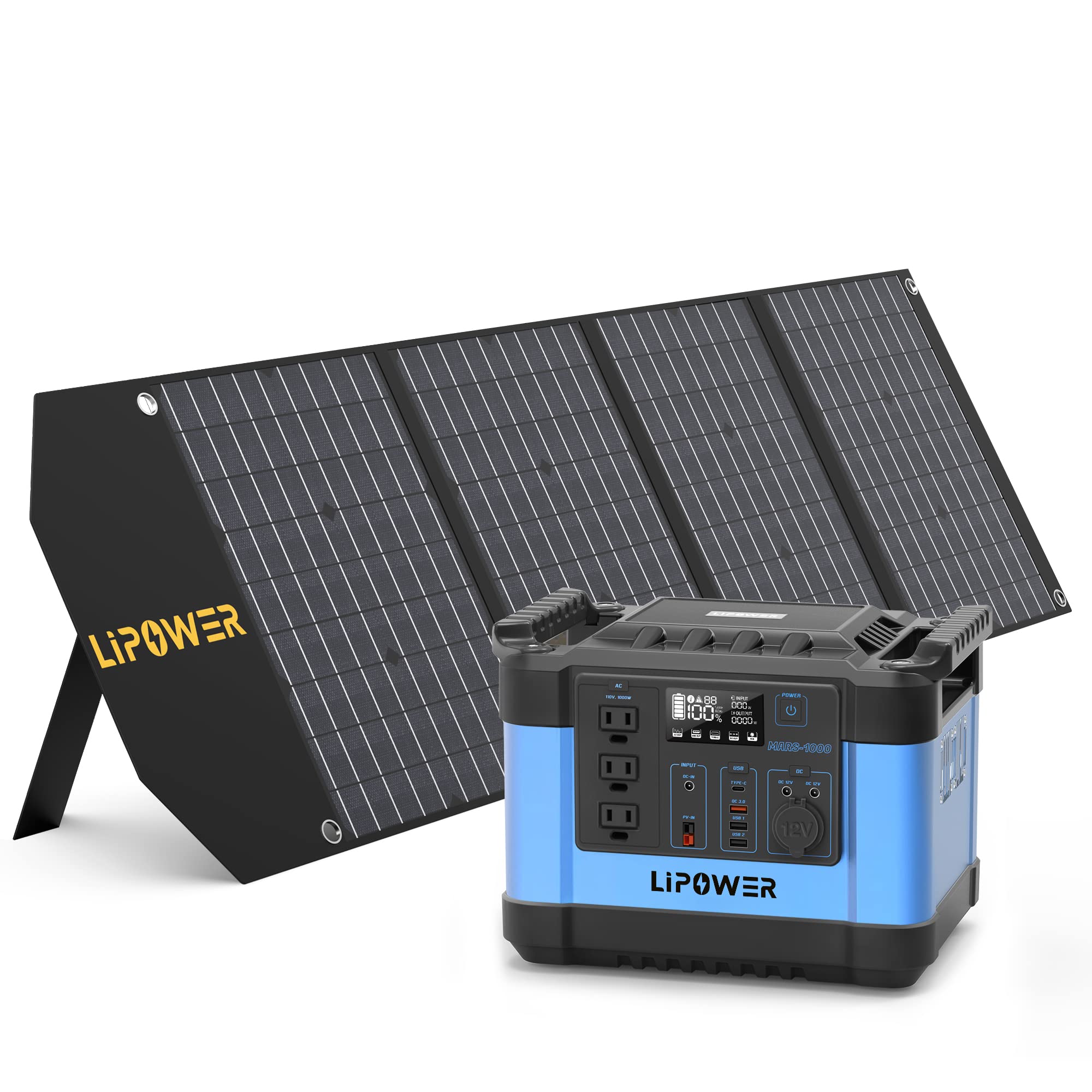 Solar Generator with Solar Panel, LIPOWER 1000W Portable Power for Backup Power Outage Home, Emergency Battery Camping Travel RV Outdoor, 3 * 110V/1000W AC Outlets, PD USB C Port