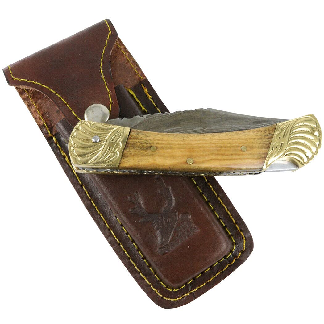 Theboneedge 8" Damascus Blade Open Folding Pocket Knife Wood Gold Trim Hand Made With Sheath Outdoor Survival Hunting Knife for Camping by Survival Steel
