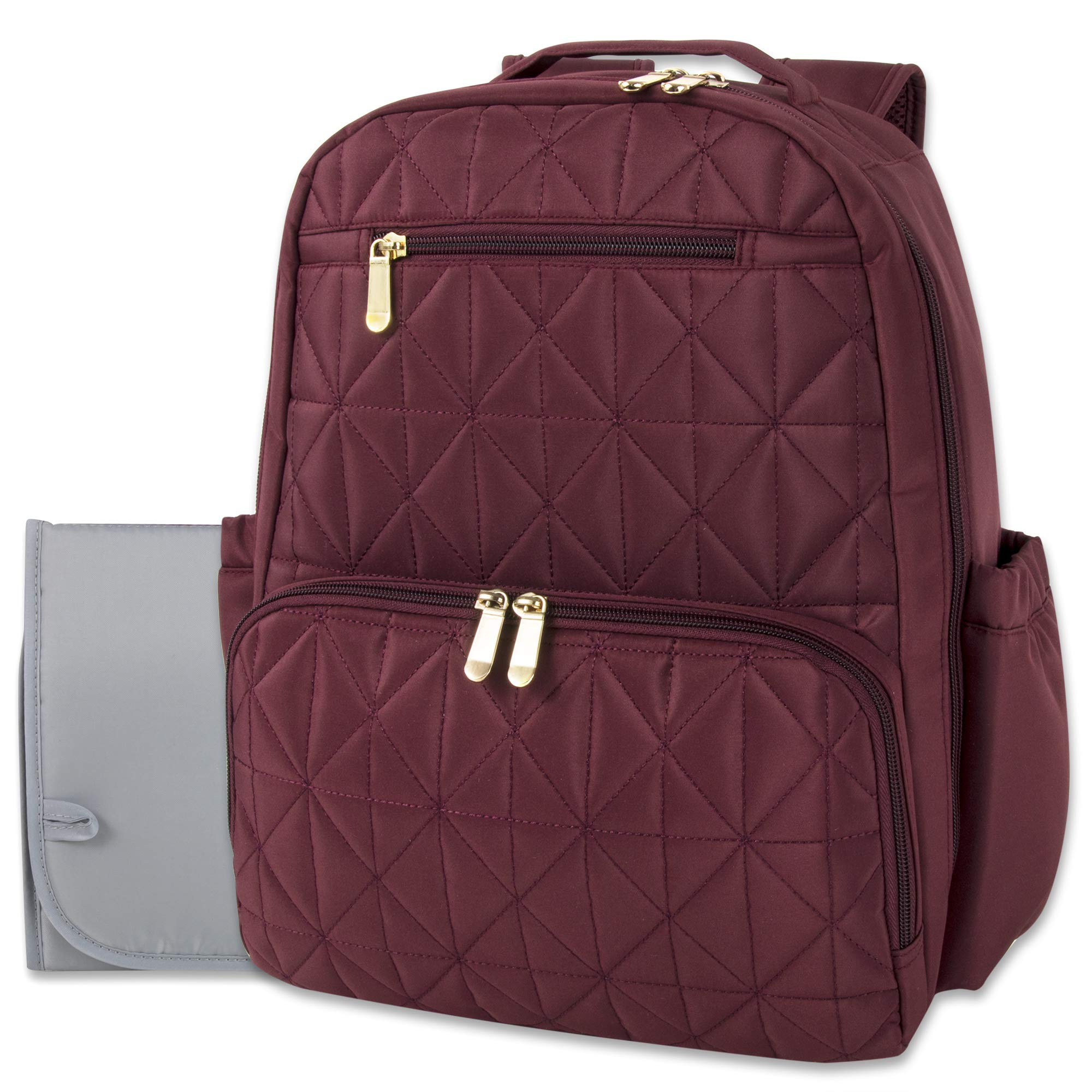 Quilted Diaper Bag Backpack with Insulated Compartment, Changing Pad β 2 Piece Set (Burgundy)