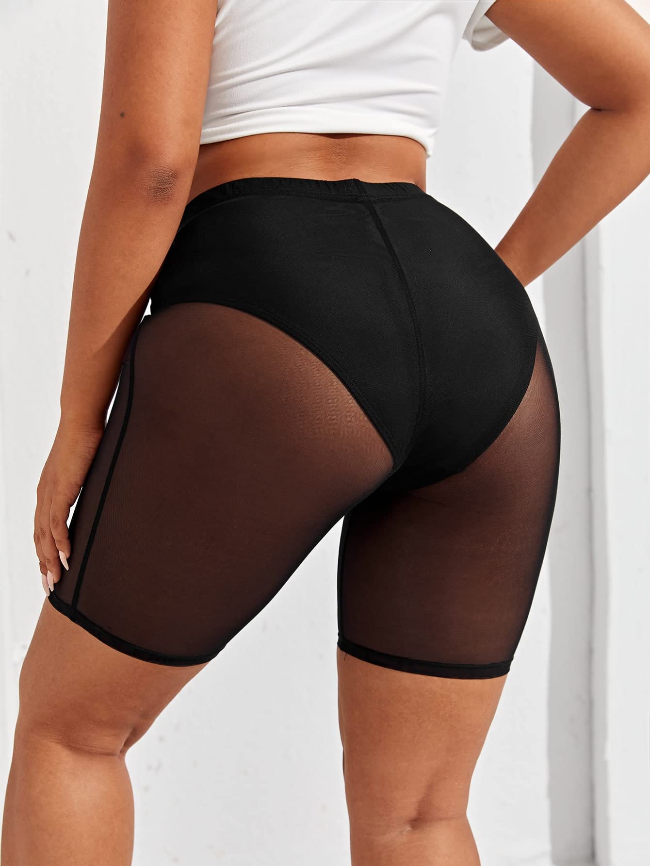 WDIRARA Women's Plus Size Elastic Waist Sheer Mesh Biker Shorts Short Leggings Black 4XL