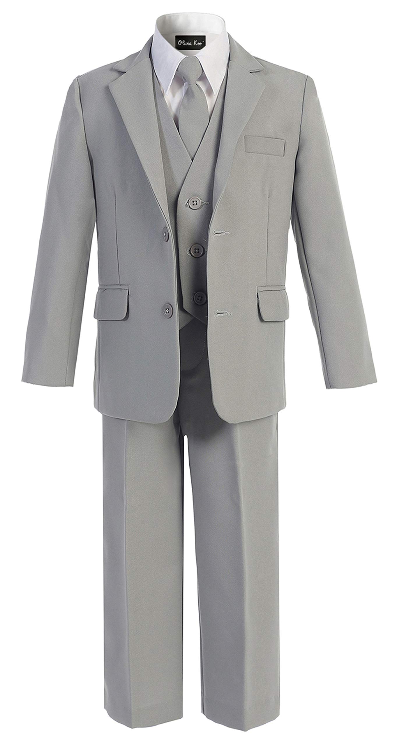 OLIVIA KOO Boys Solid 5-Piece Formal Suit Set With Matching Neck Tie Silver 5