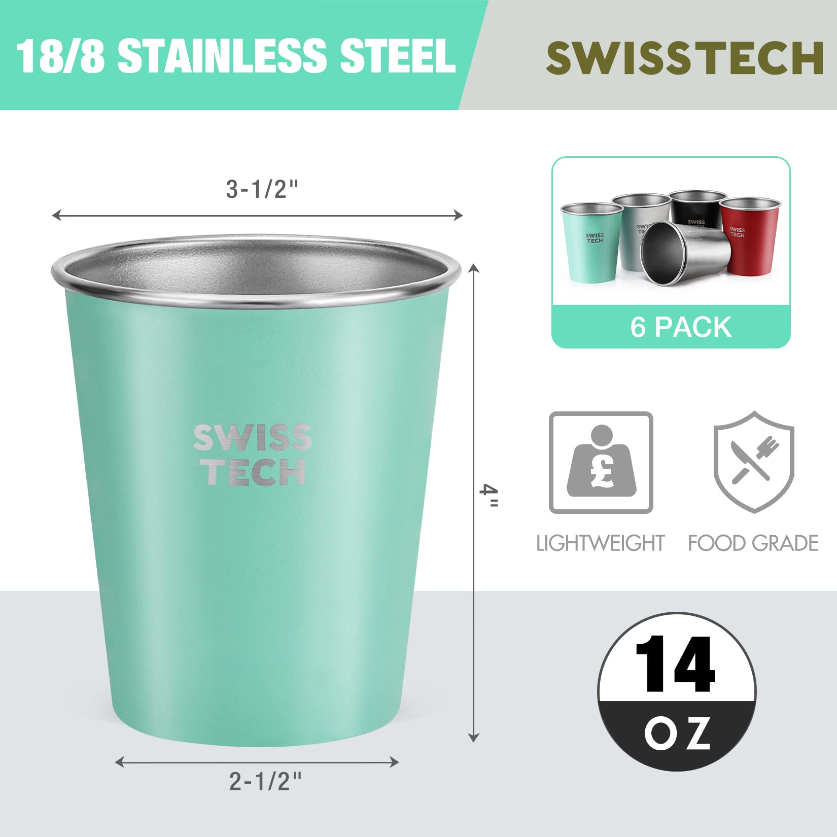Swiss+Tech 14 oz Stainless Steel Cups, 6 Pack Stackable Pint Cup For Travel, Outdoor and Home, Multicolor