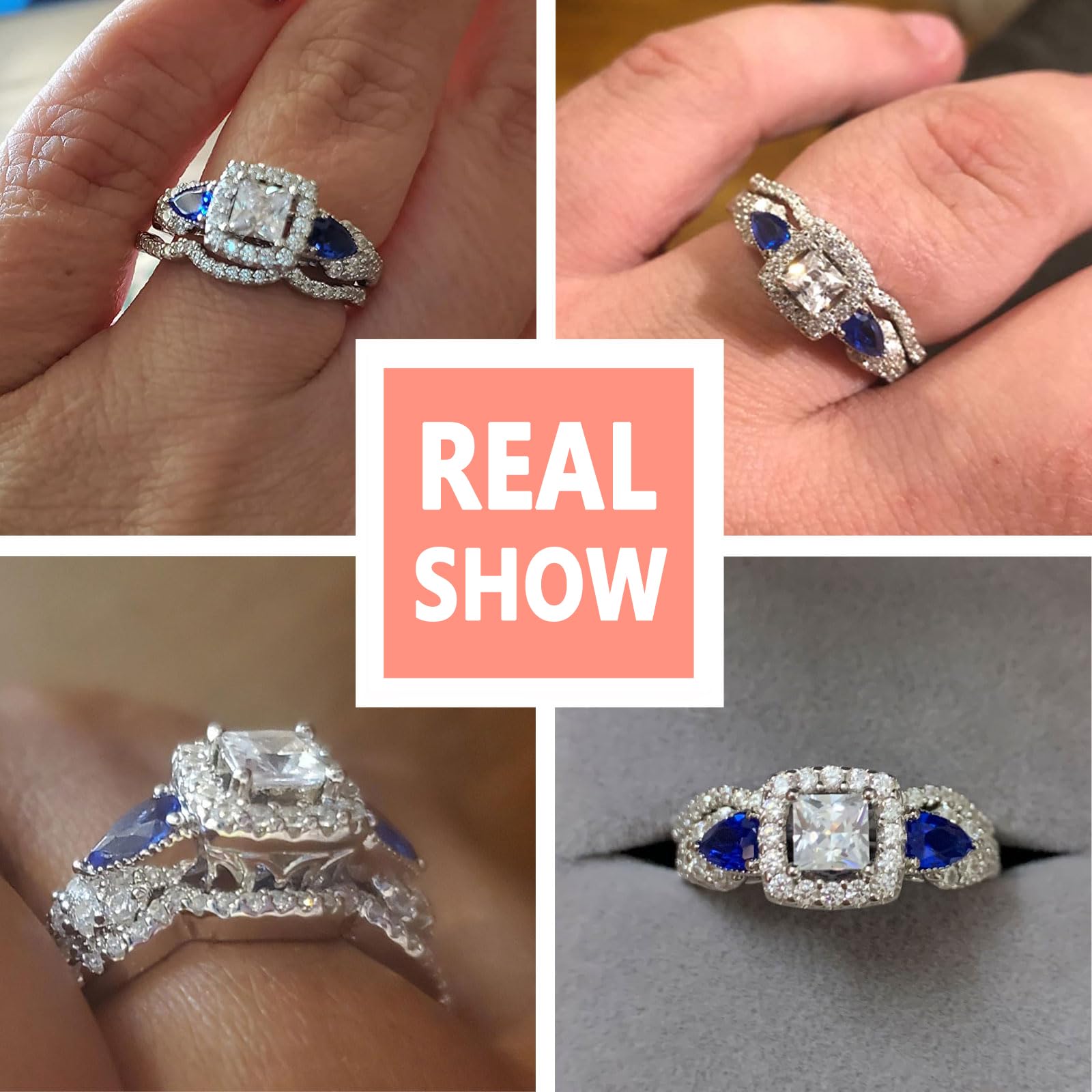 SHELOVES Princess Pear Blue Sapphire Sterling Silver Engagement Ring Wedding Ring Set for Women 6