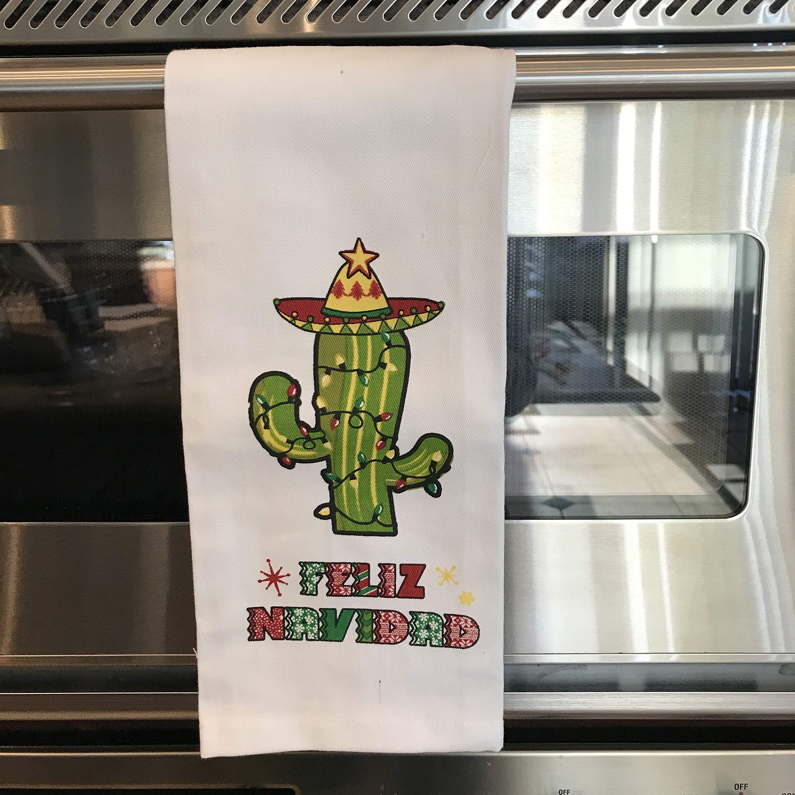 Sonoran Souvenirs Feliz Navidad Cactus with a Sombrero Hat Novelty Tea Towel Dish Cloth (15" x 25") Absorbent Washing Drying Dishtowels for Holiday Christmas Kitchen Decor