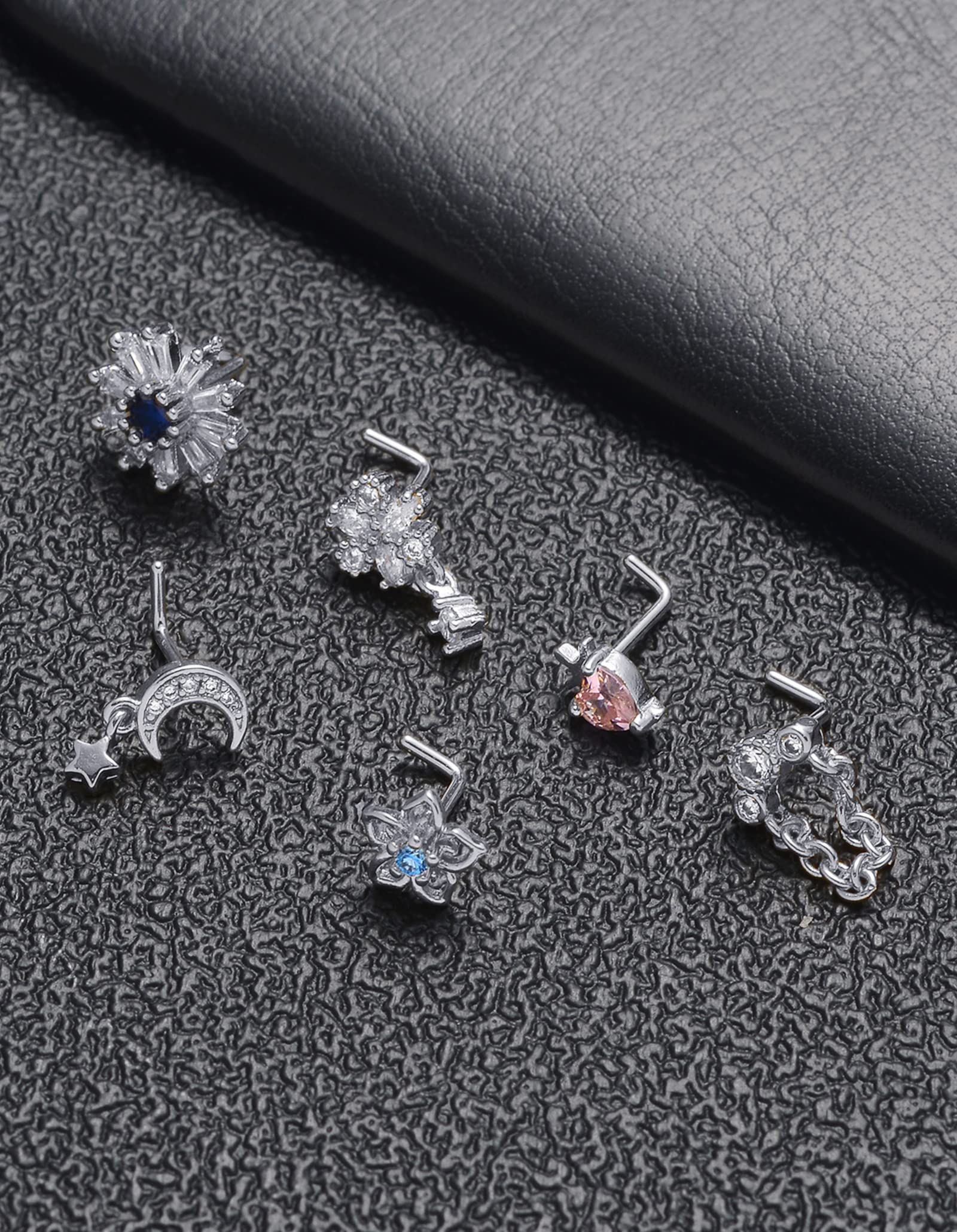 Tornito 12Pcs Nose Ring Nose Stud L Shaped Snake Butterfly CZ Flower Moon Dangle Nose Rings Stud for Women Men Silver Tone 20G