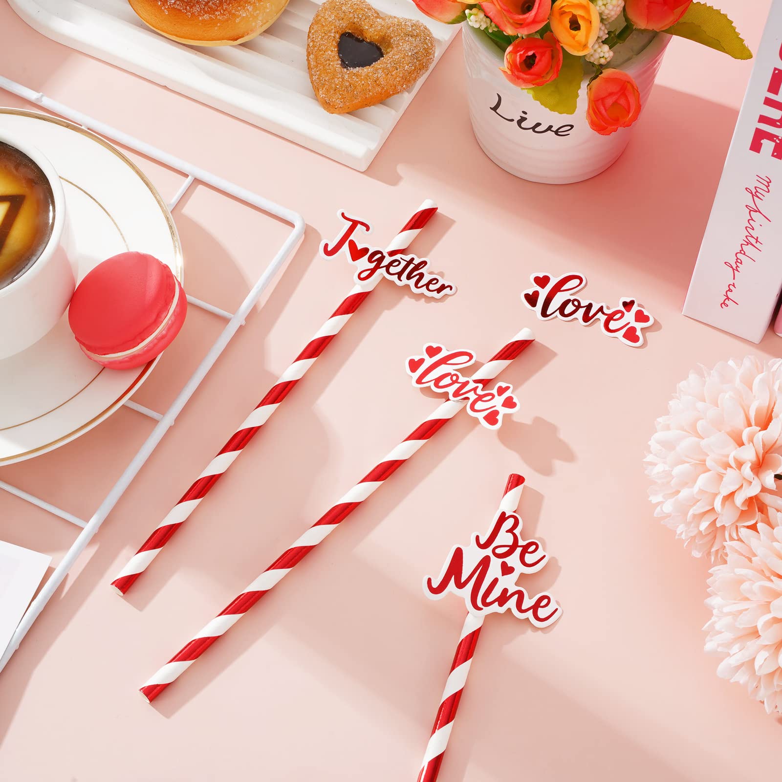Whaline Valentine's Day Paper Straws 60Pcs Metallic Red Drinking Straws with 60Pcs Foil Red Letter Slices White Stripe Disposable Straws for Beverages Cocktail Wedding Birthday Party Supplies