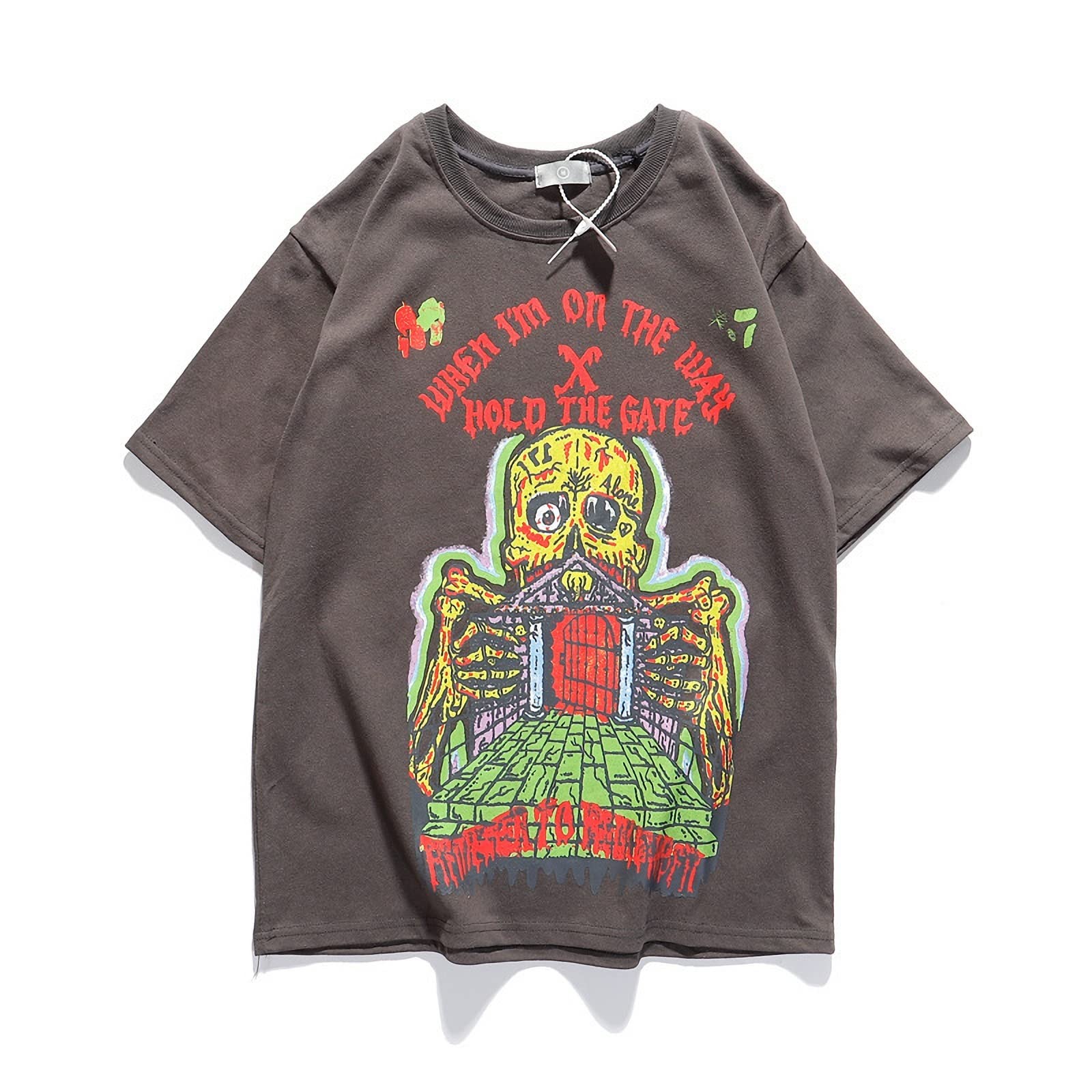 PLOZMCTA Kanye Shirt Men's and Women's Hip Hop Street Skull Print Cotton Short Sleeve Large Dark Grey