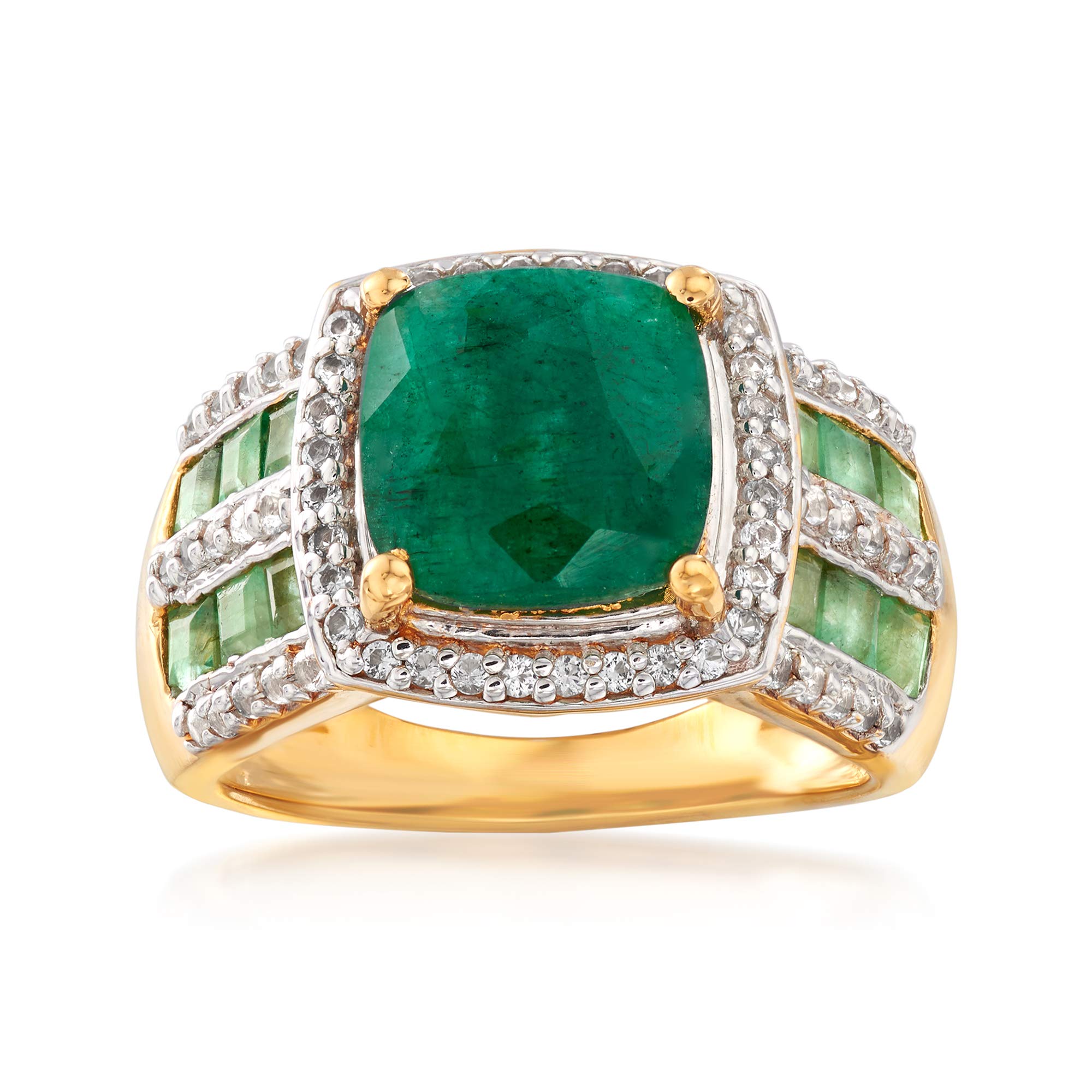Ross-Simons 3.70 ct. t.w. Emerald and .40 ct. t.w. White Topaz Ring in 18kt Gold Over Sterling. Size 9
