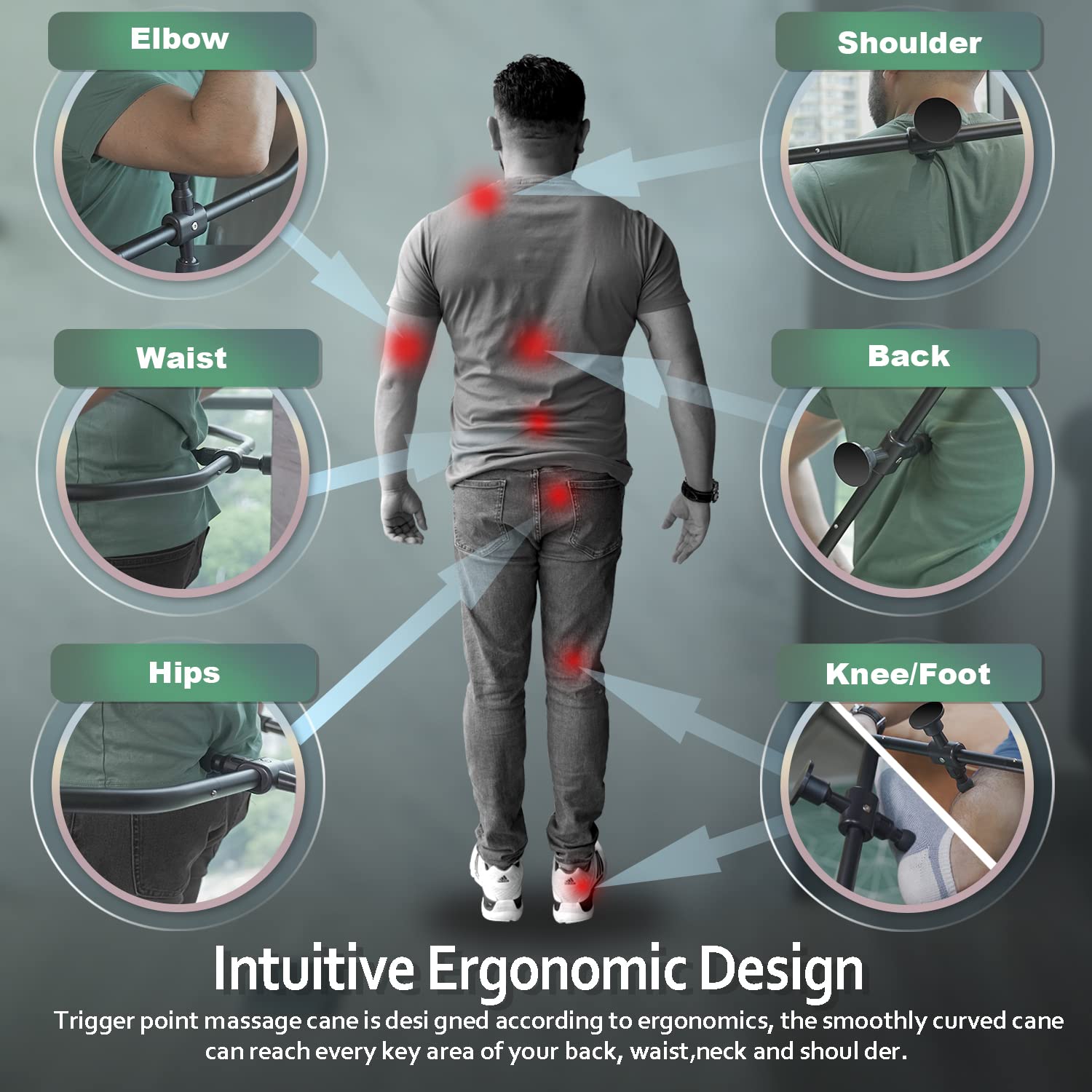 Trigger Point Massage Cane Fipehima Back Massager for Muscle Pain Relief and Self-Massage Therapy ，Handheld Back, Neck, Shoulder, Leg and Foot Massager（ Black）